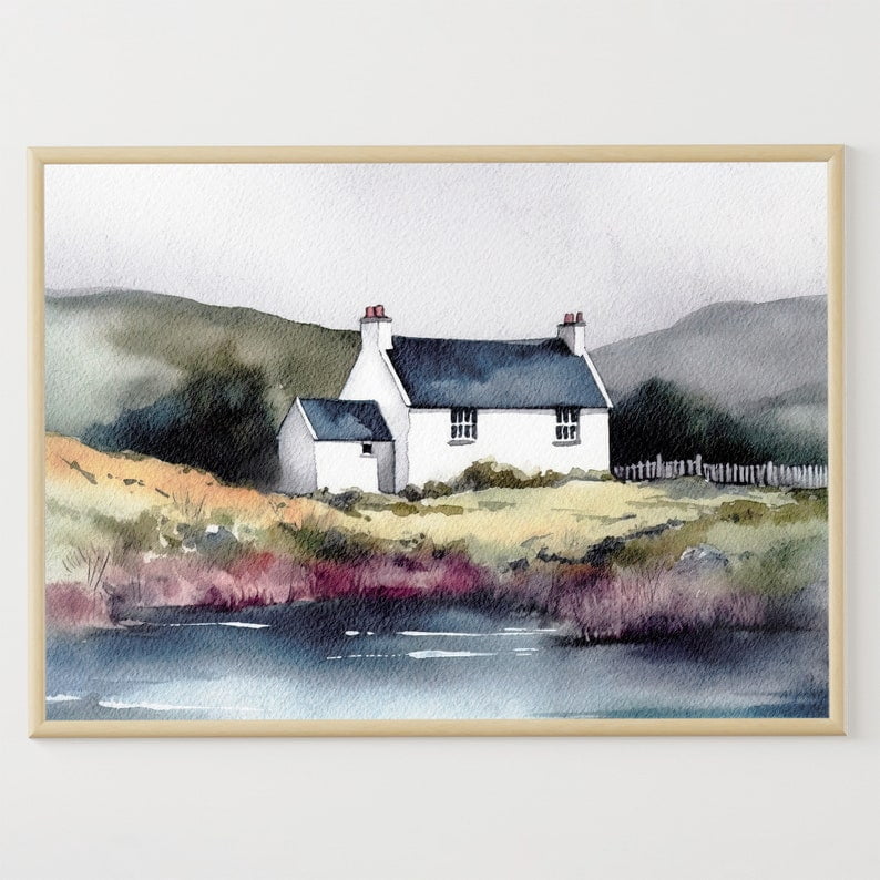 Scottish Cottage Isle Pf Sky Scotland Art Poster Coastal Wall Art White ...