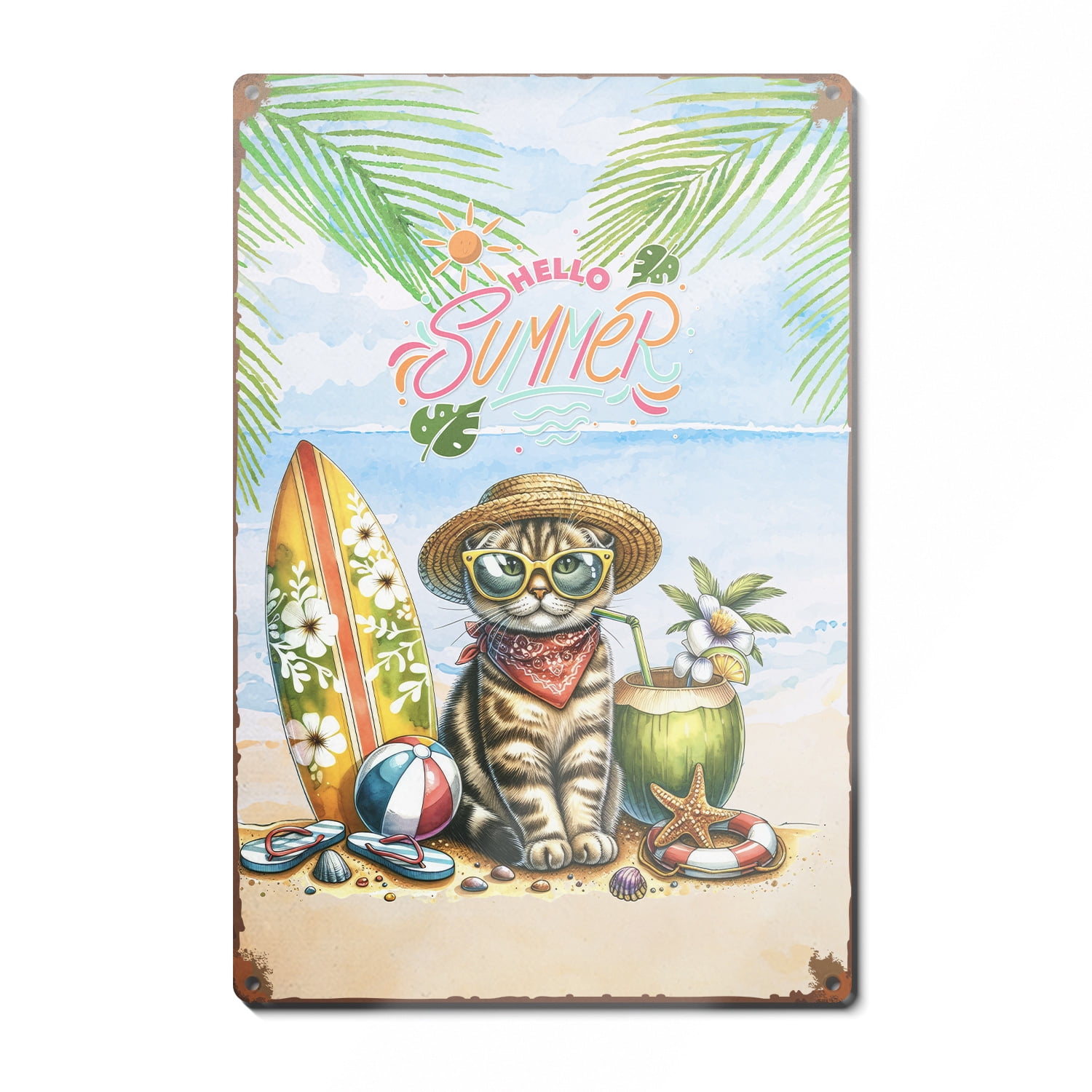 Scottish Fold Hello Summer with Sunglasses and Surfboard Tropical Vibes Vertical Metal Aluminum ...