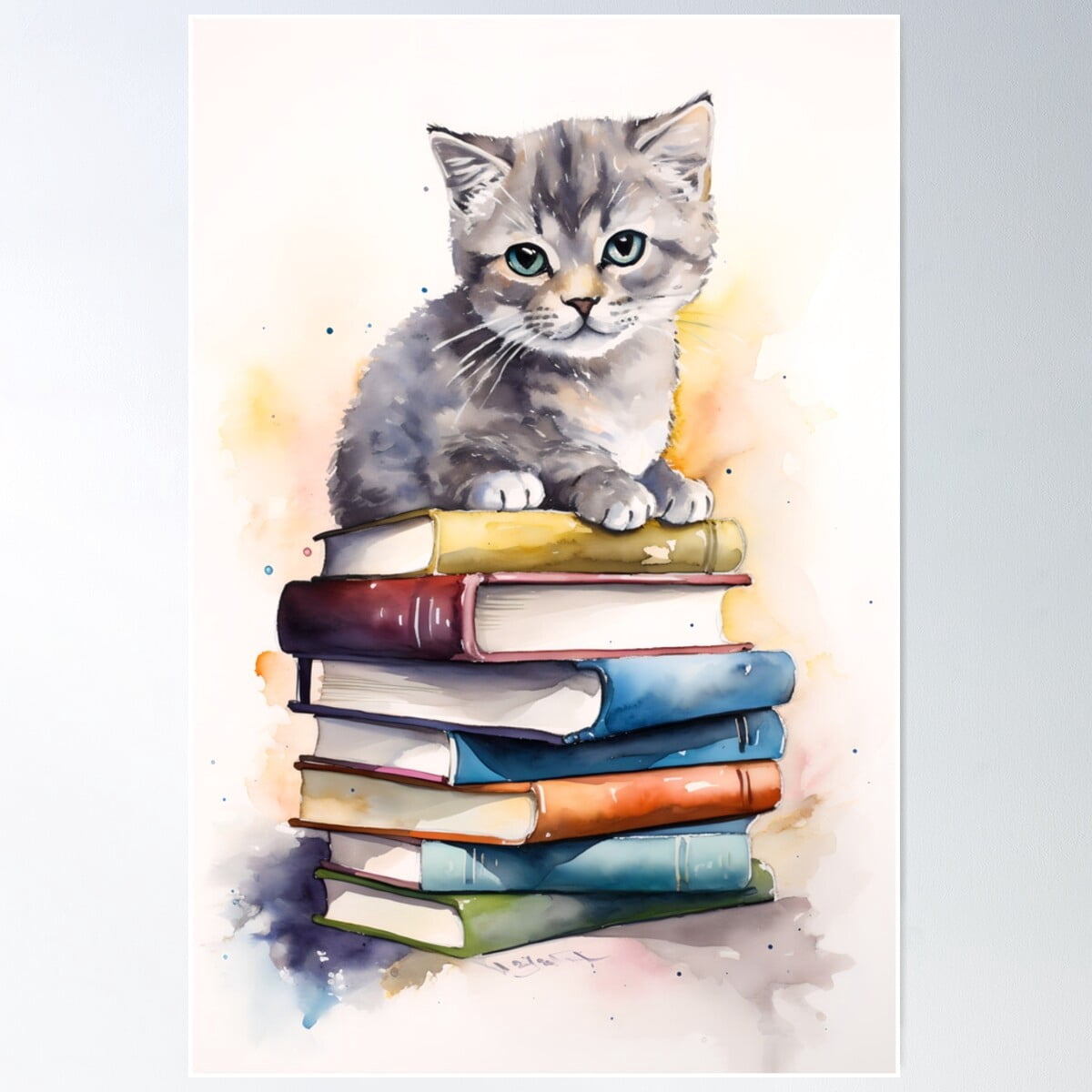 Scottish Fold Kitten Climbing Up A Stack Of Books Poster Wall Art ...