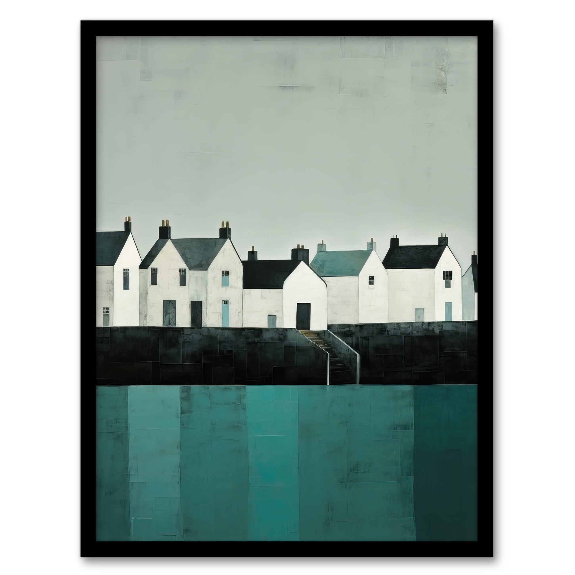 Scottish Harbour Morning Grey Sky Quiet Sea Town Teal Blue Grey Oil ...