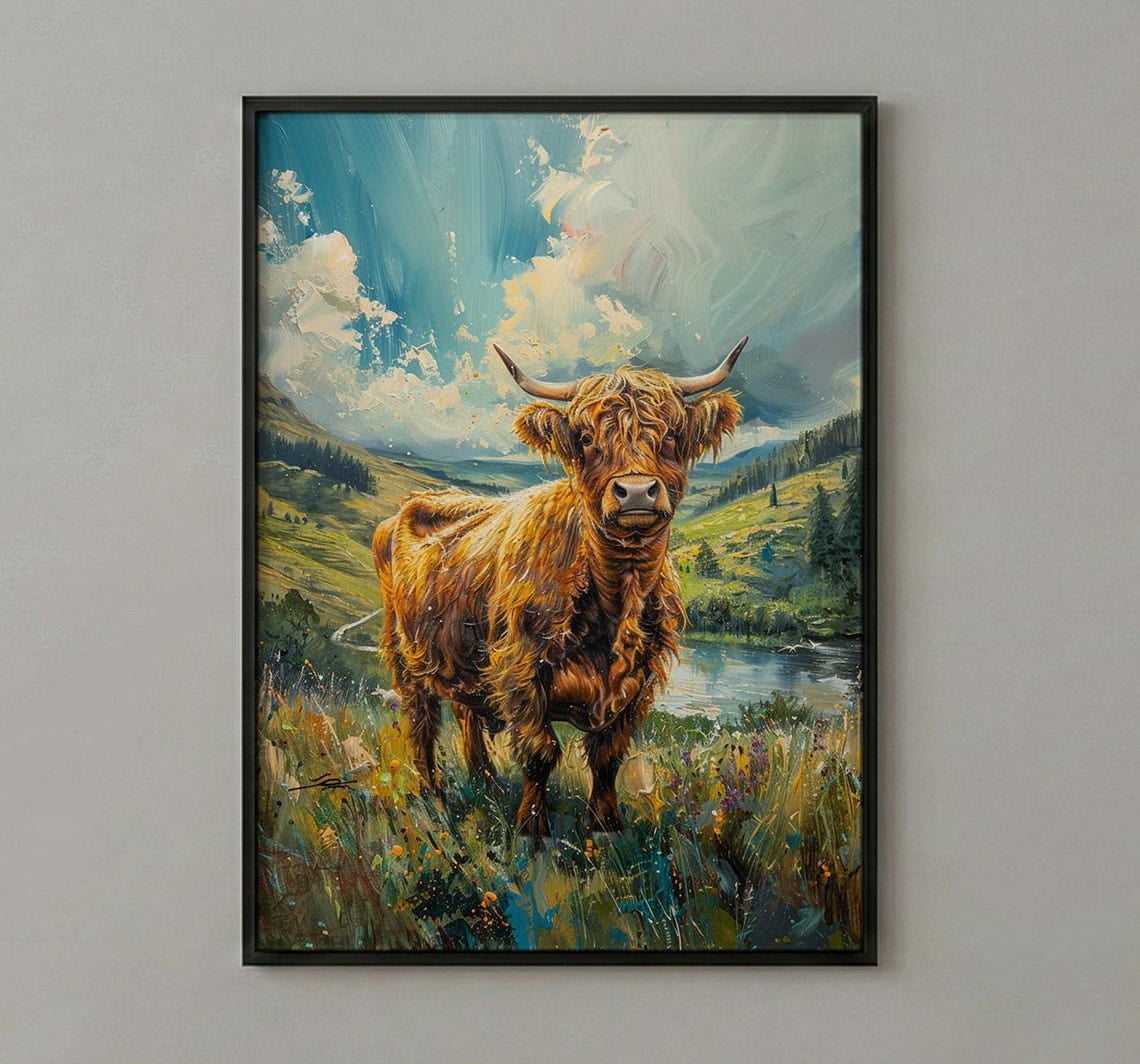 Scottish Highlands Highland Cow Moody Nature, Stretched Canvas ...