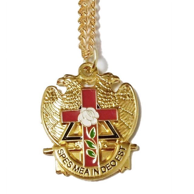 Scottish Rite Pendant w/ chain. Gold Tone Masonic Eagle Red Cross Rose ...