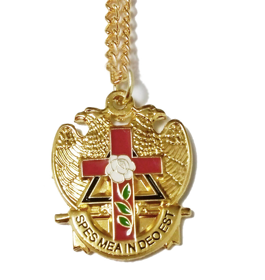 Scottish Rite Pendant w/ chain. Gold Tone Masonic Eagle Red Cross Rose ...