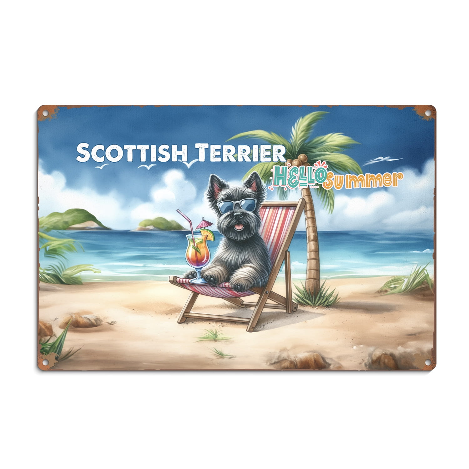 Scottish Terrier Hello Summer Beach Theme with Sunglasses and Tropical ...
