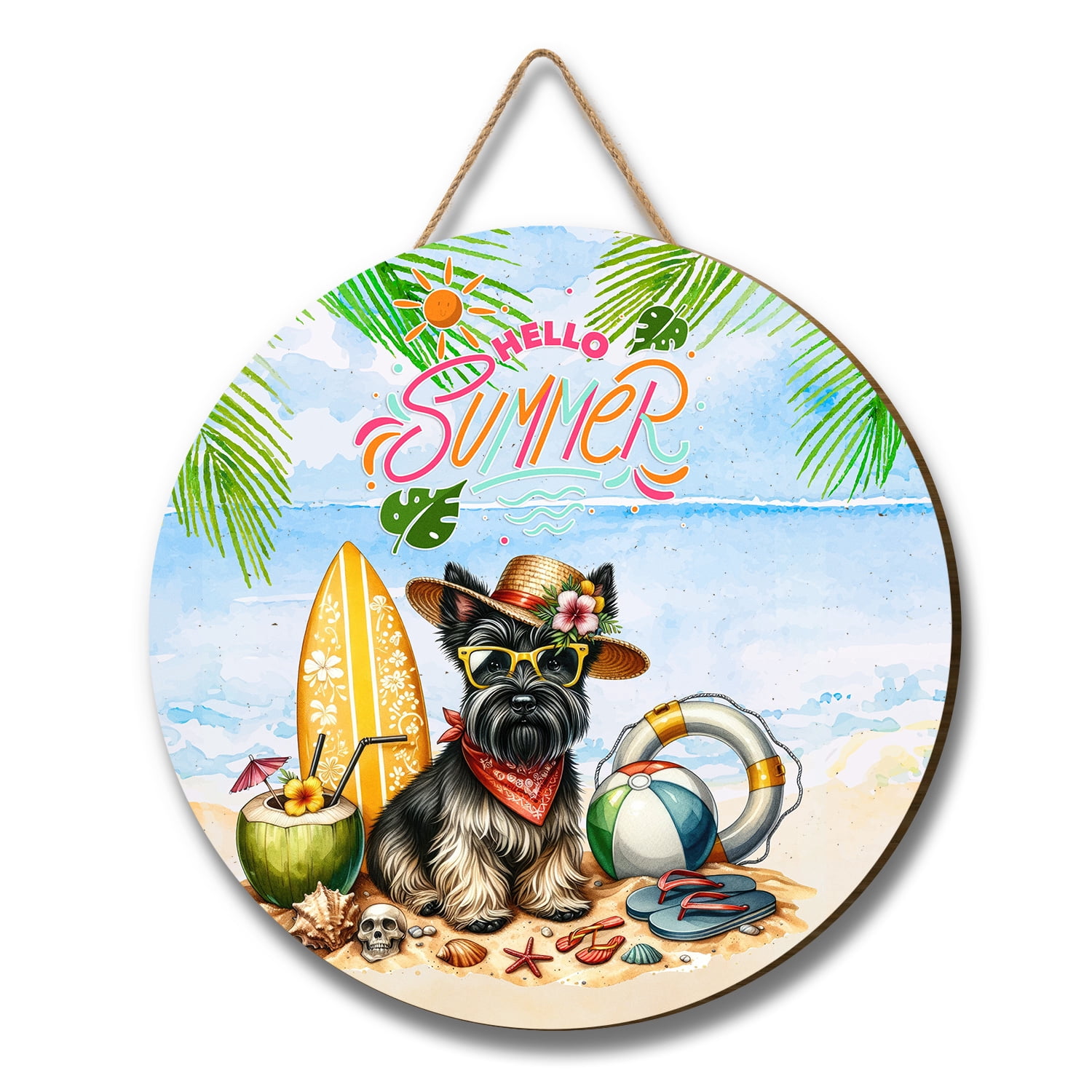 Scottish Terrier Hello Summer with Sunglasses and Surfboard Tropical ...