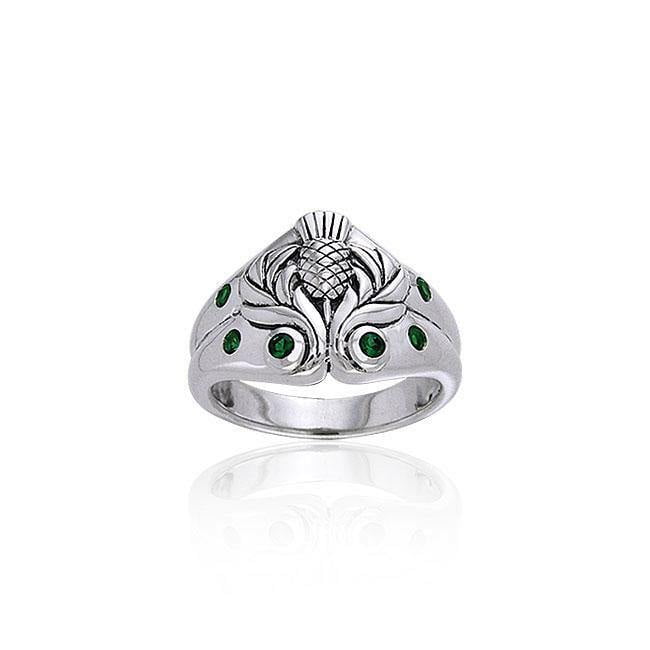 Scottish Thistle 925 Sterling Silver Ring Green Glass Celtic Ancestry ...