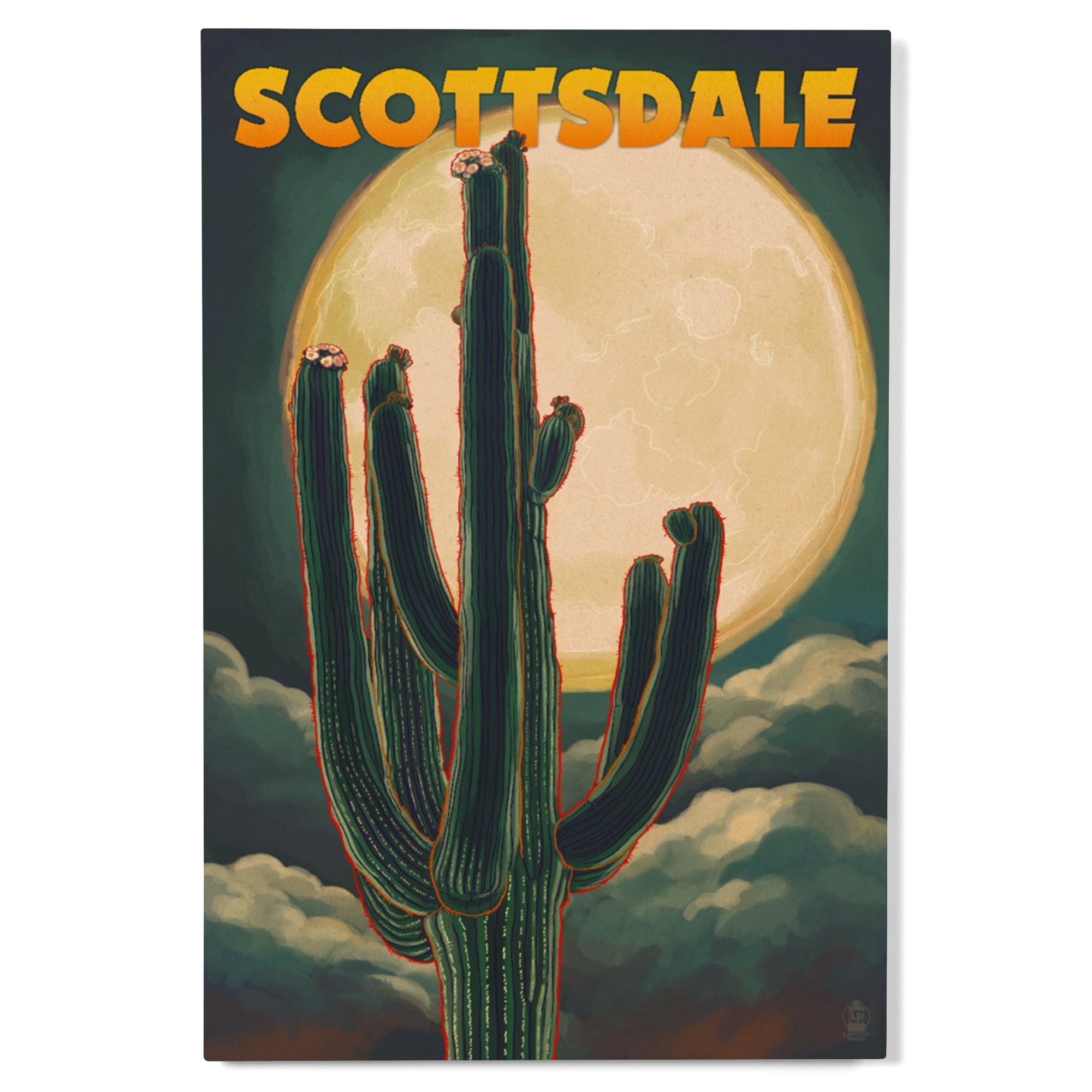 Scottsdale, Arizona, Cactus and Full Moon Birch Wood Wall Sign (12x18 ...