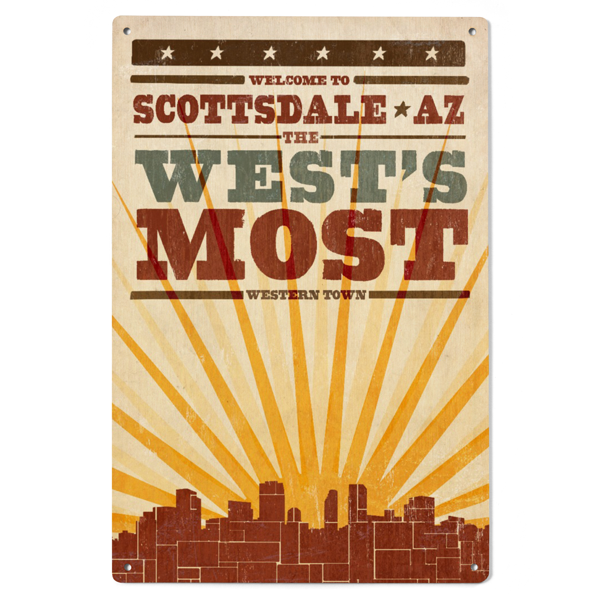 Scottsdale, Arizona, Skyline and Sunburst Screenprint Style Birch Wood ...