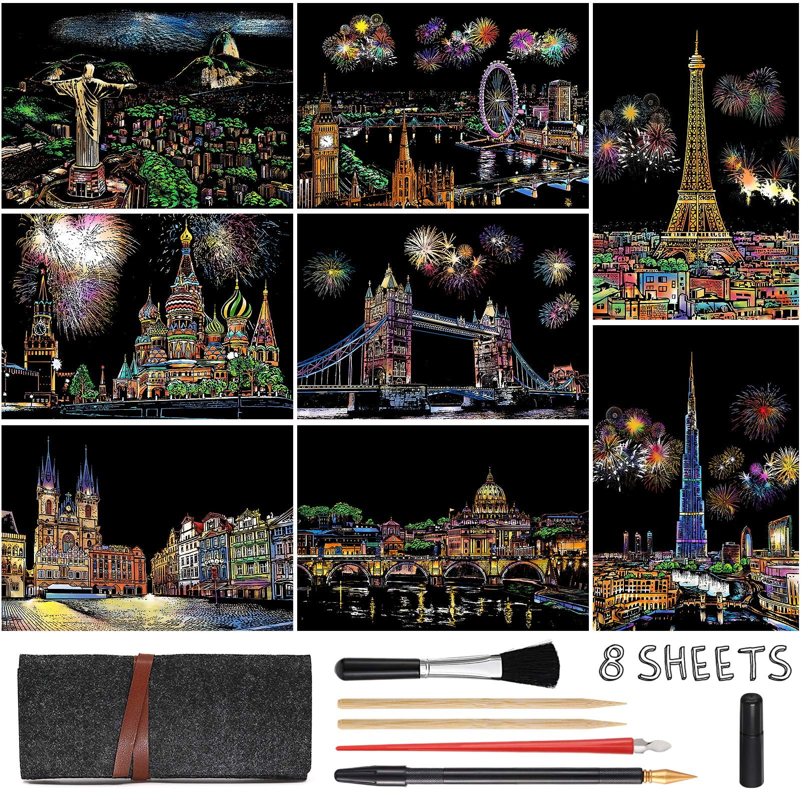 Scratch Art Kits for Adults & Kids, Rainbow Sketch Night View ...