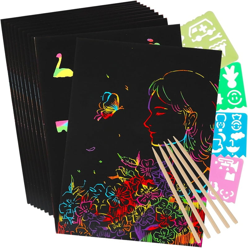Scratch Paper Art Set, Black Crafts Kit for Favors DIY Painting Games ...