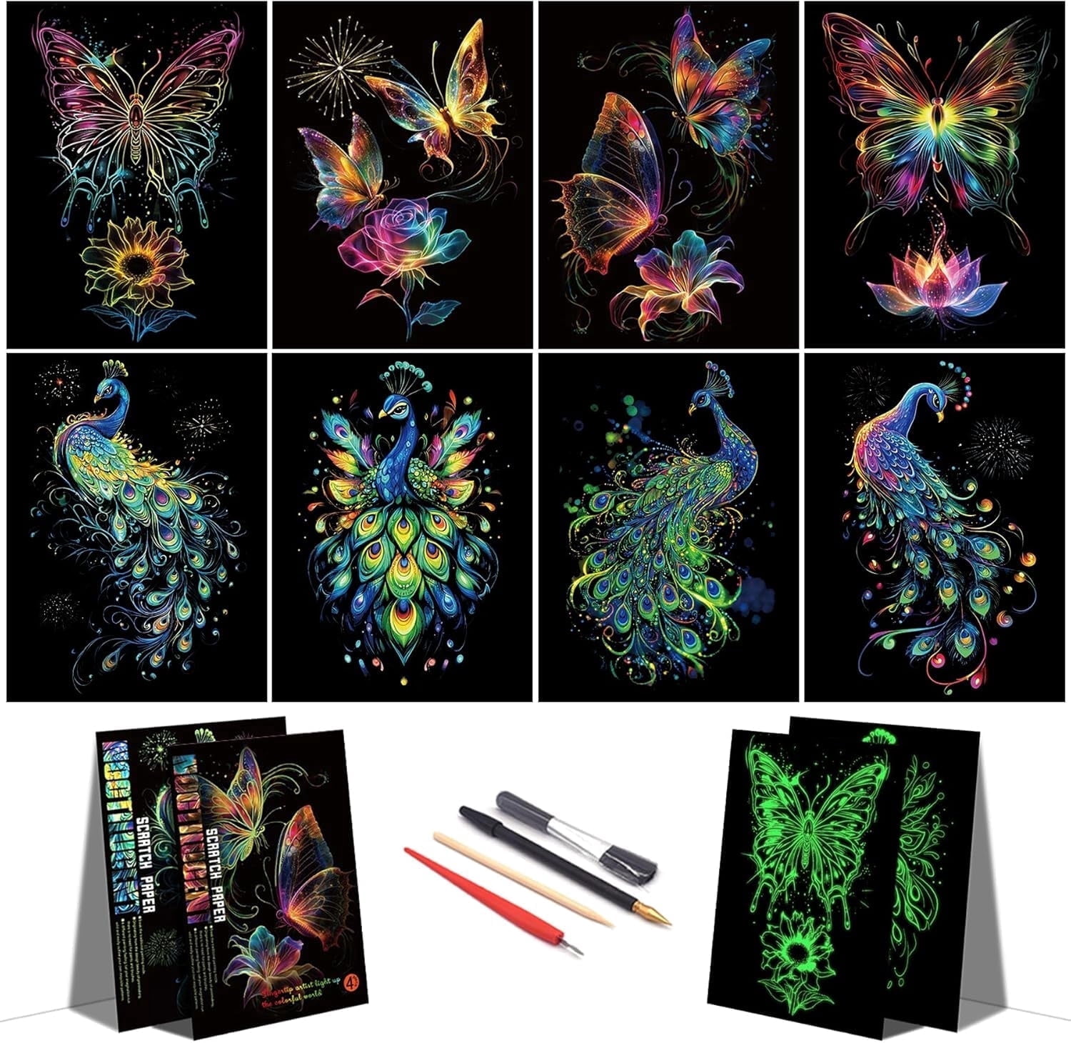 BulChign Scratch Paper Art Set, A4 Luminous Butterfly and Peacock ...