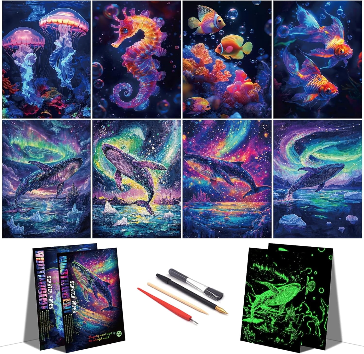 BulChign Luminous Scratch Art Set with Rainbow Whale and Ocean Patterns ...