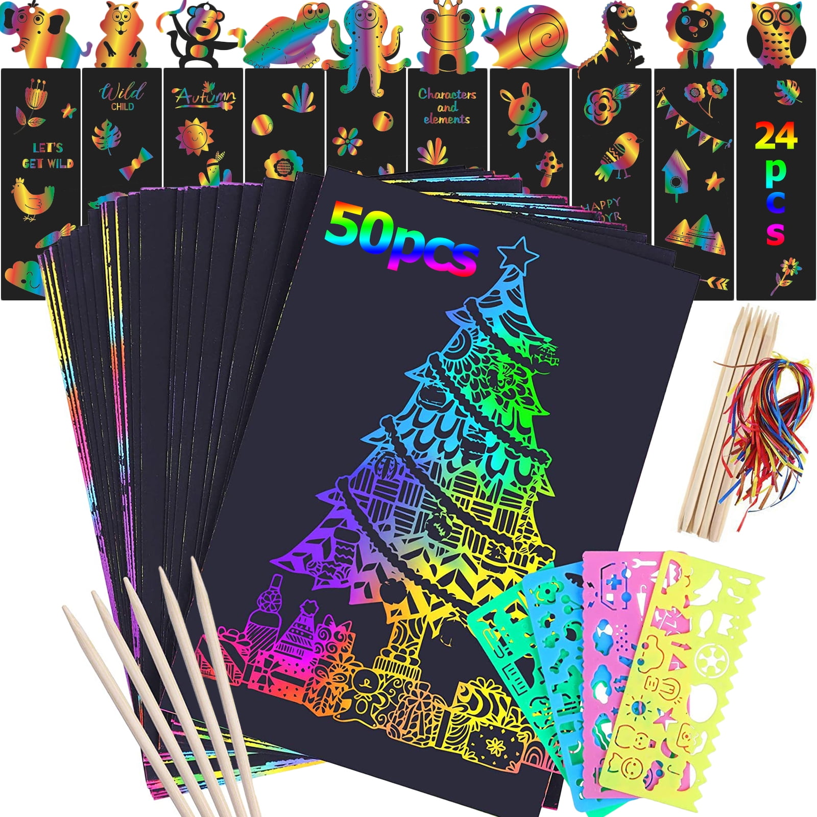 Kids Scratch Paper Set, 50Pcs Art Papers & 24Pcs Bookmarks Craft Kit ...