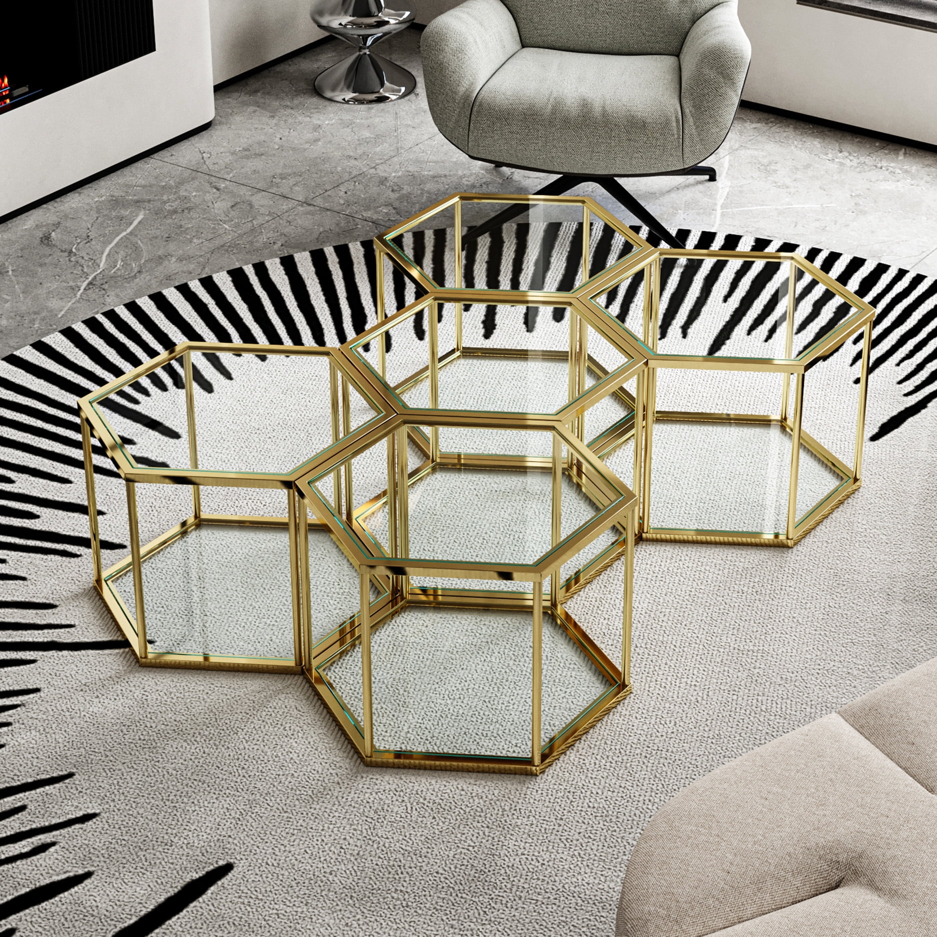 Scratch-Proof Double-Layer Glass Table + Gold Frame”-“Living Spaces ...