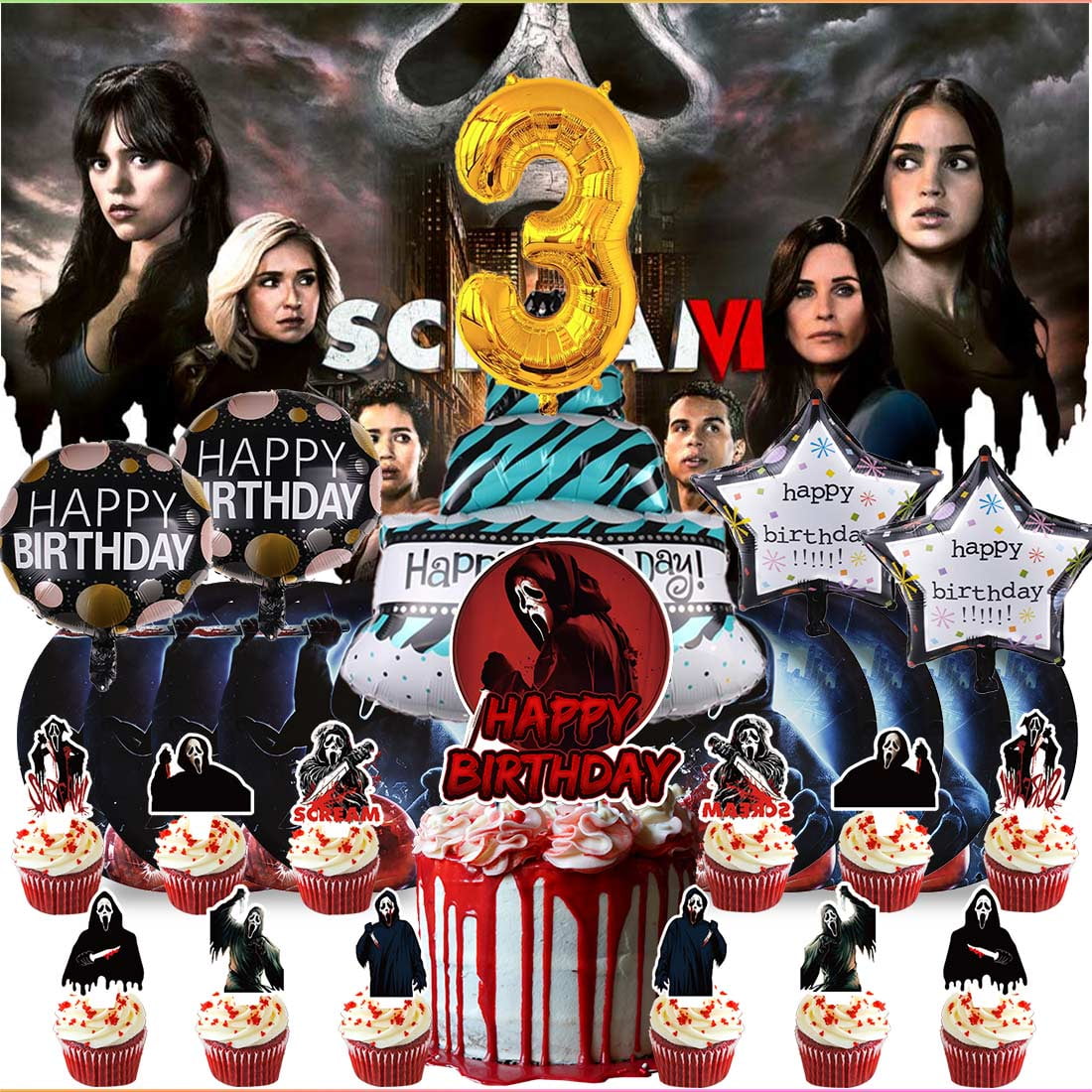 Scream Movie 3rd Tableware Balloons Cake Toppers Backdrop Banner ...