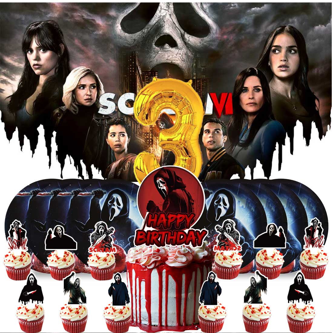 Scream Movie Balloons Party Supplies 3rd Decor Tableware Birthday Cake ...