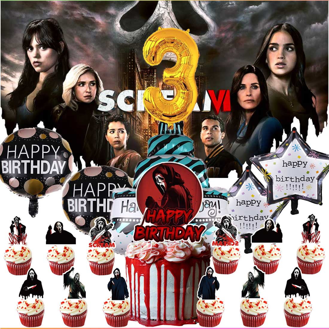 Scream Movie Party Supplies Decor 3rd Kit Balloons Birthday Cake Topper ...