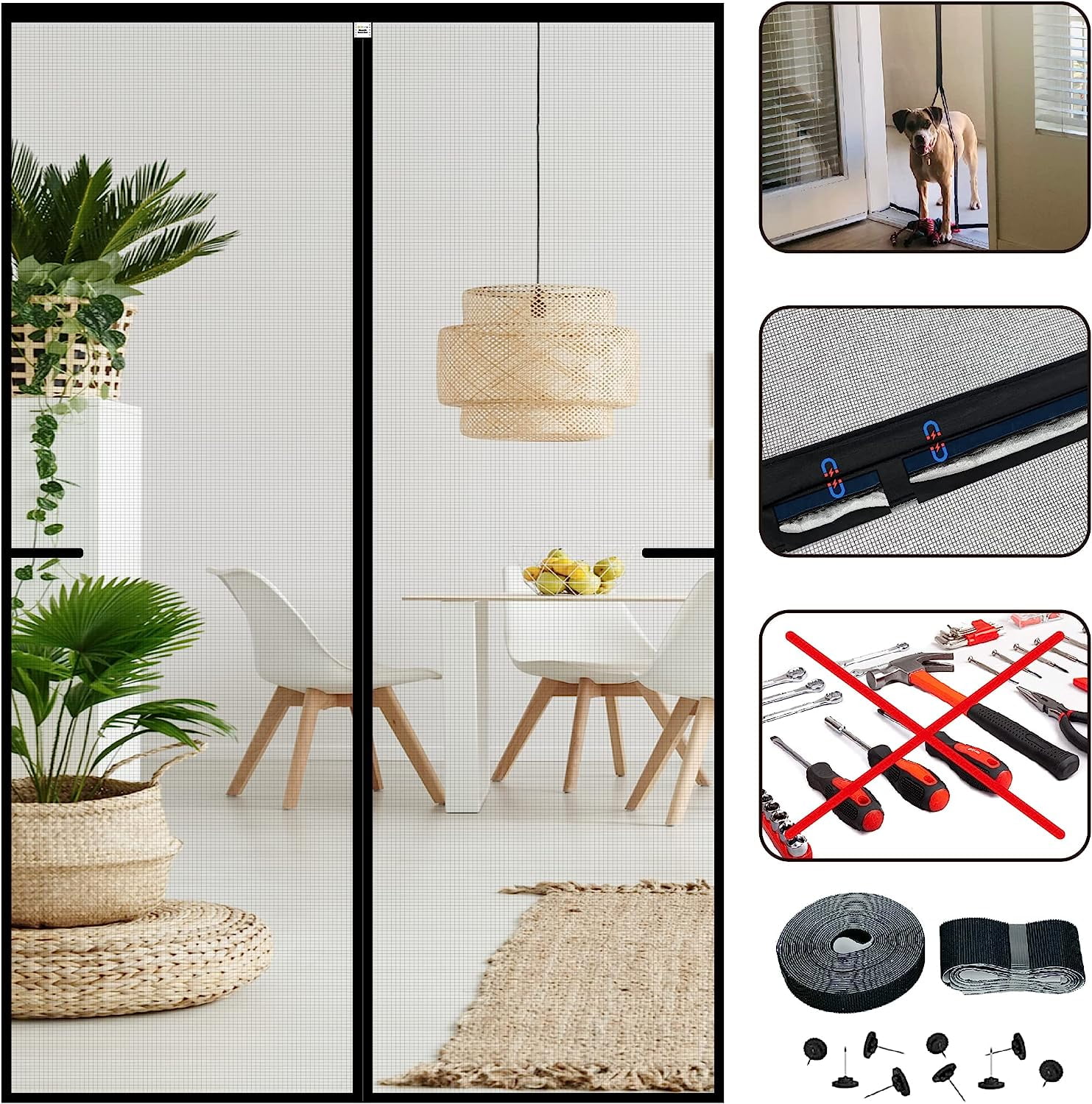 Screen Door Mesh Magnetic Closure 38 x 82 inch, Self Closing Fiberglass ...