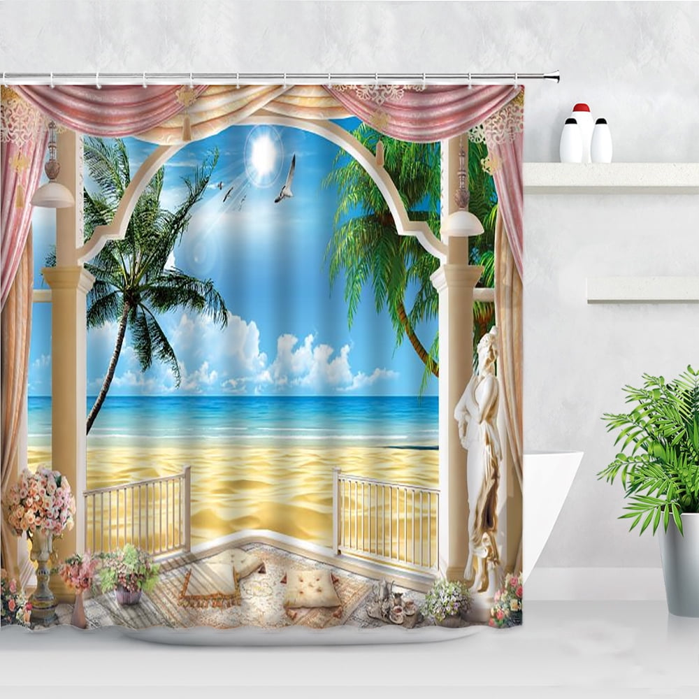 Screens Fabric Bathroom Decor Home Landscape Ocean Plants Green Flowers ...