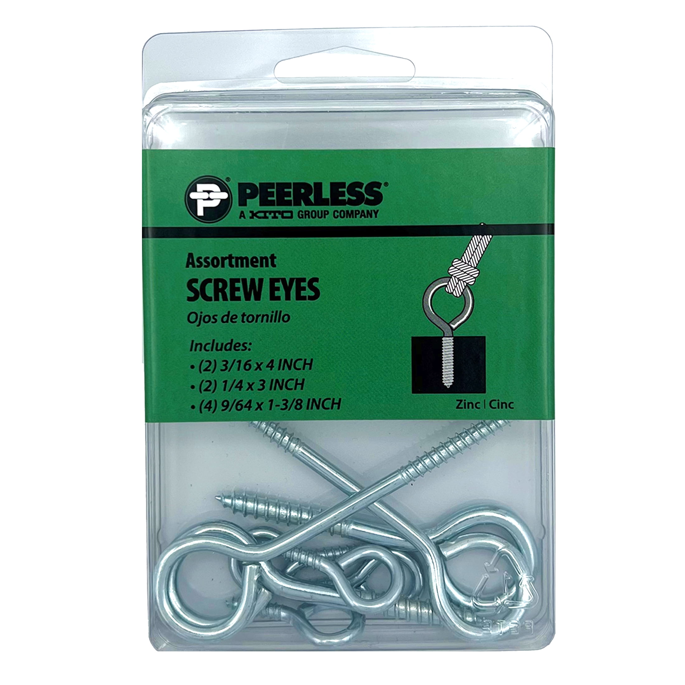 Screw Eye Bolt Assortment Pack, 3 Assorted Sizes, Zinc, Peerless Chain ...