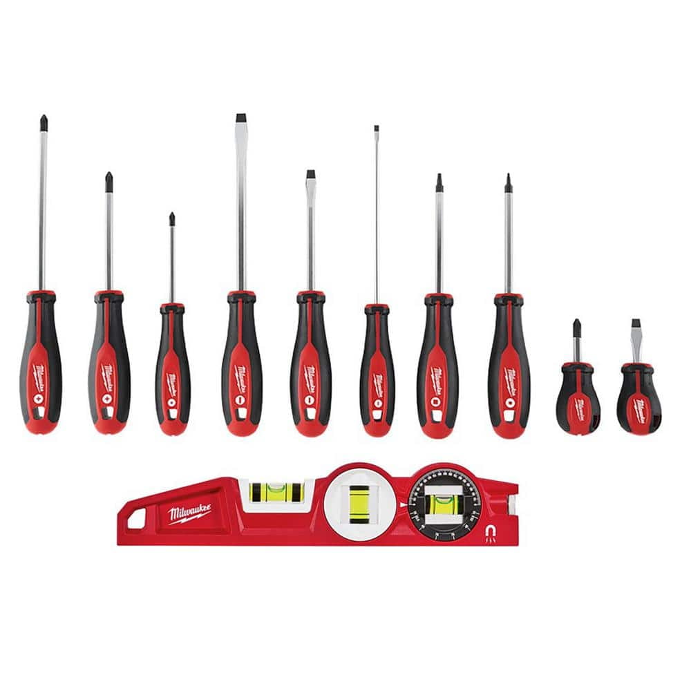 Screwdriver Set with 10 in. 360° Locking Die Cast Torpedo Level (11 ...
