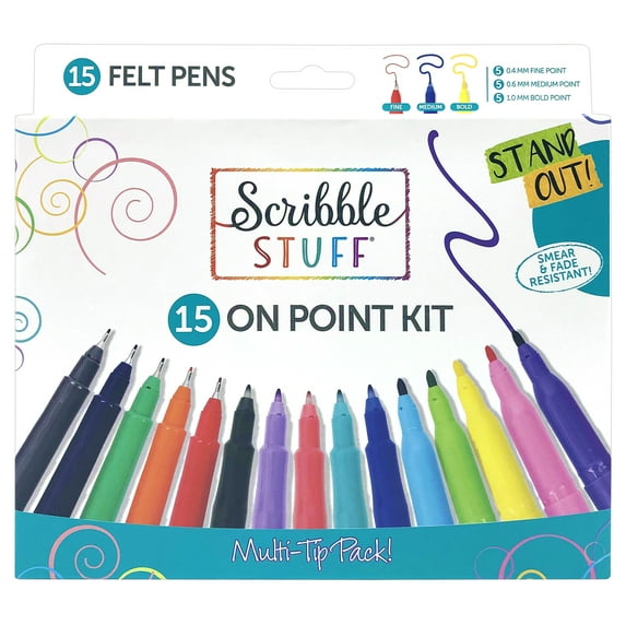 Scribble Stuff Felt Pens – 15 Count, Assorted Tips (Fine, Medium, Bold ...