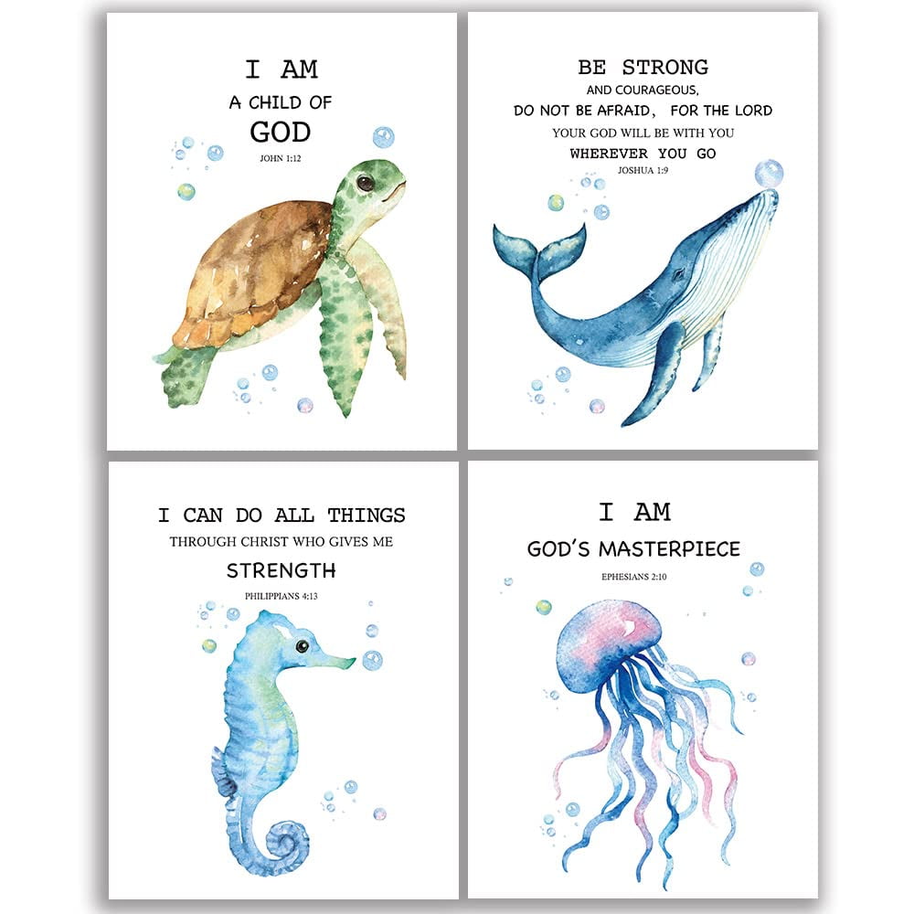 Scripture Bible Verse Wall Decor Set of 4 (8”X10”), Watercolor Blue ...
