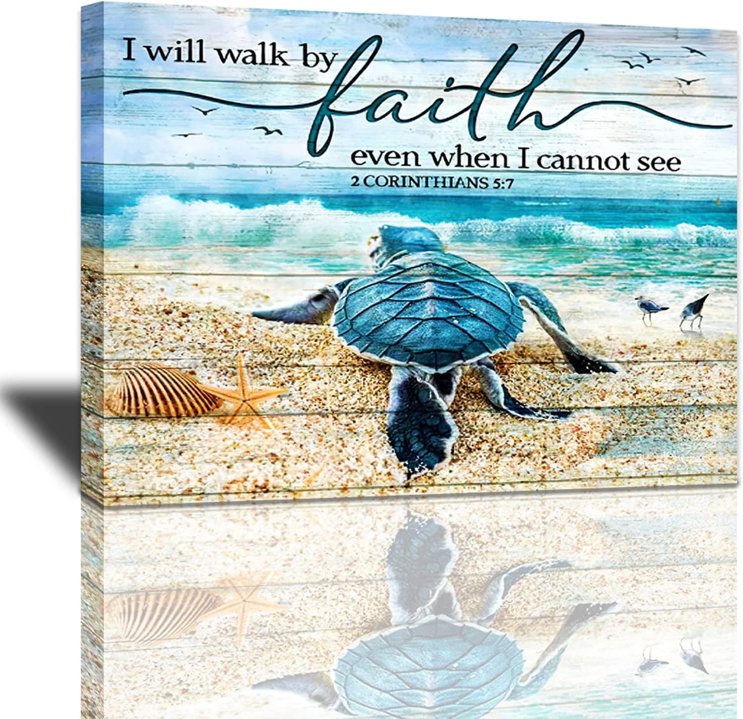 Scripture Holy Bible Wall Art Teal Sea Turtle Walk by Faith Canvas ...