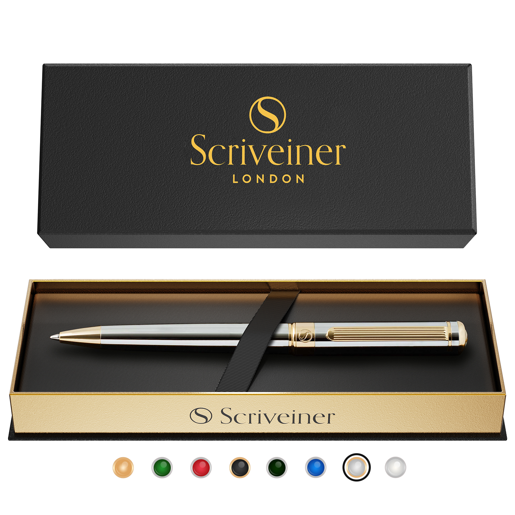 Scriveiner Silver Chrome Luxury Ballpoint Pen With 24K Gold Finish Scriveiner Silver Chrome Luxury Ballpoint Pen With 24K Gold Finish