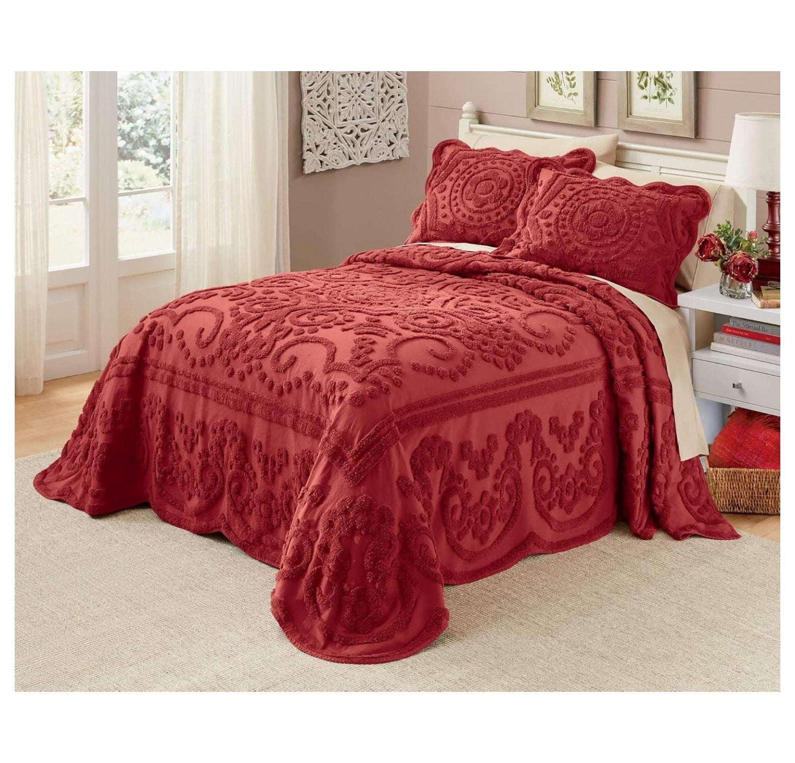 Scrolled Elegance Cotton Chenille Bedspread in Cinnabar, Soft Tufted ...