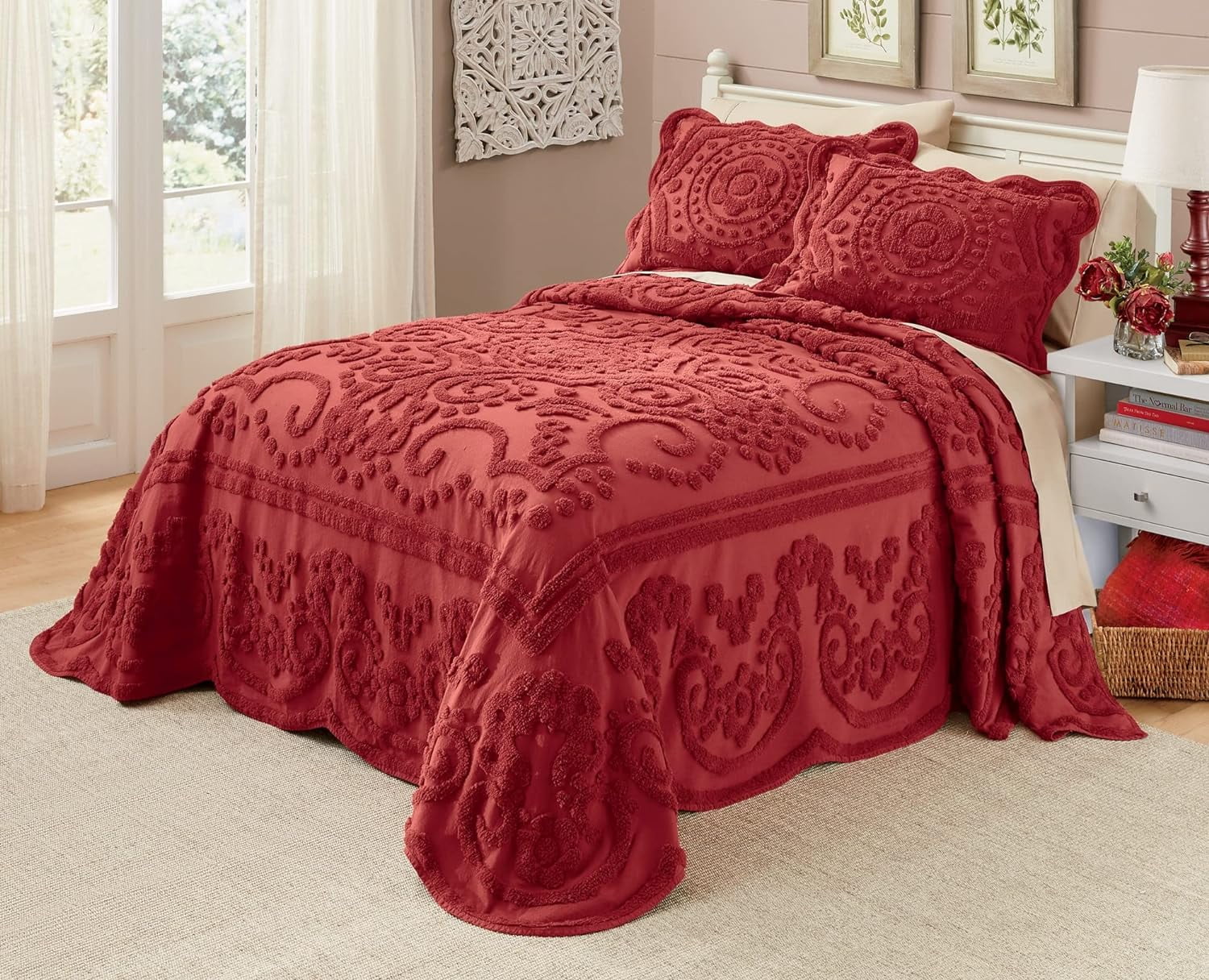 Scrolled Elegance Cotton Chenille Bedspread in Cinnabar, Soft Tufted Design (Cinnabar, Queen ...