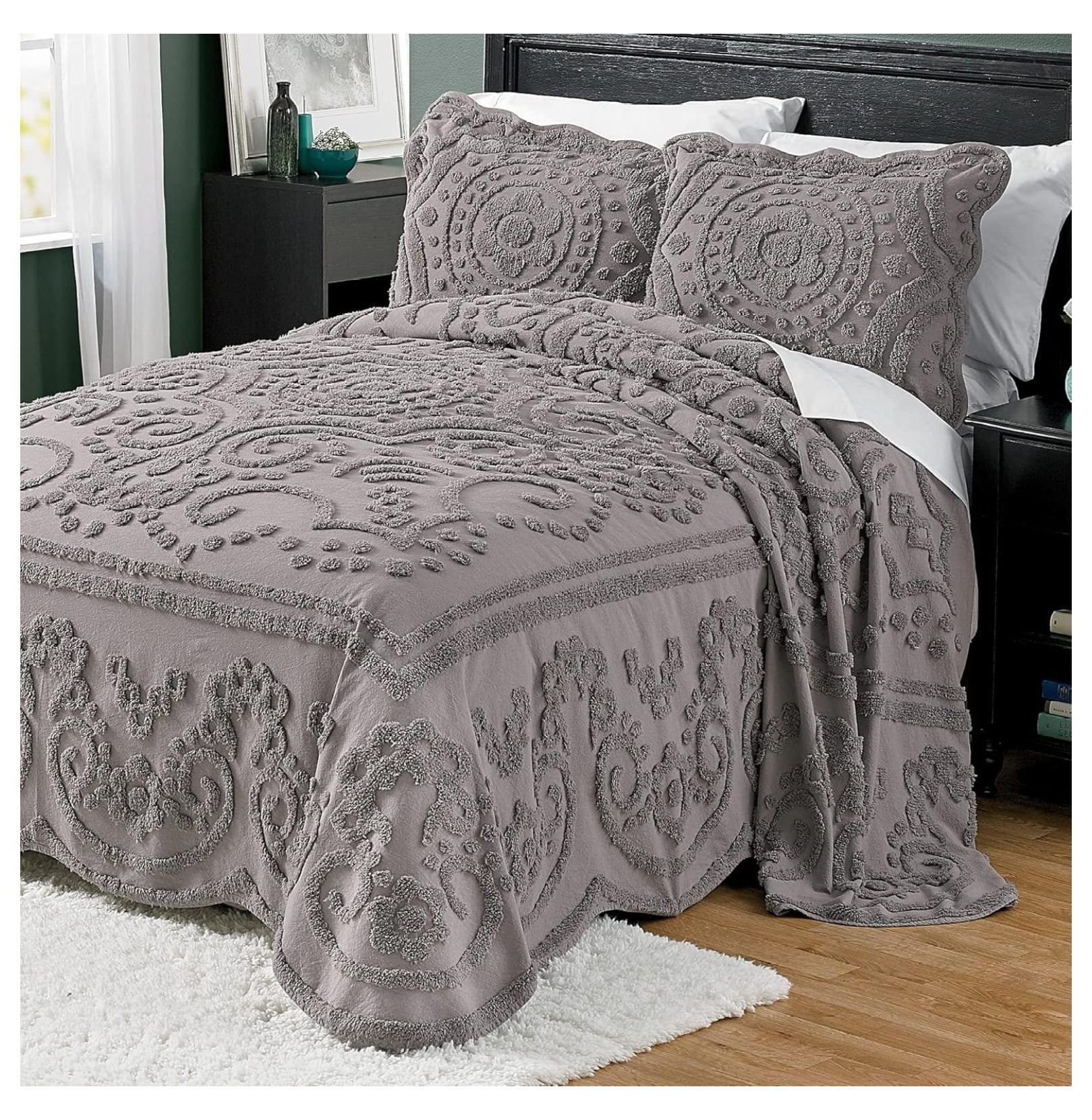 Scrolled Elegance Cotton Chenille Bedspread in Slate, Soft Tufted ...