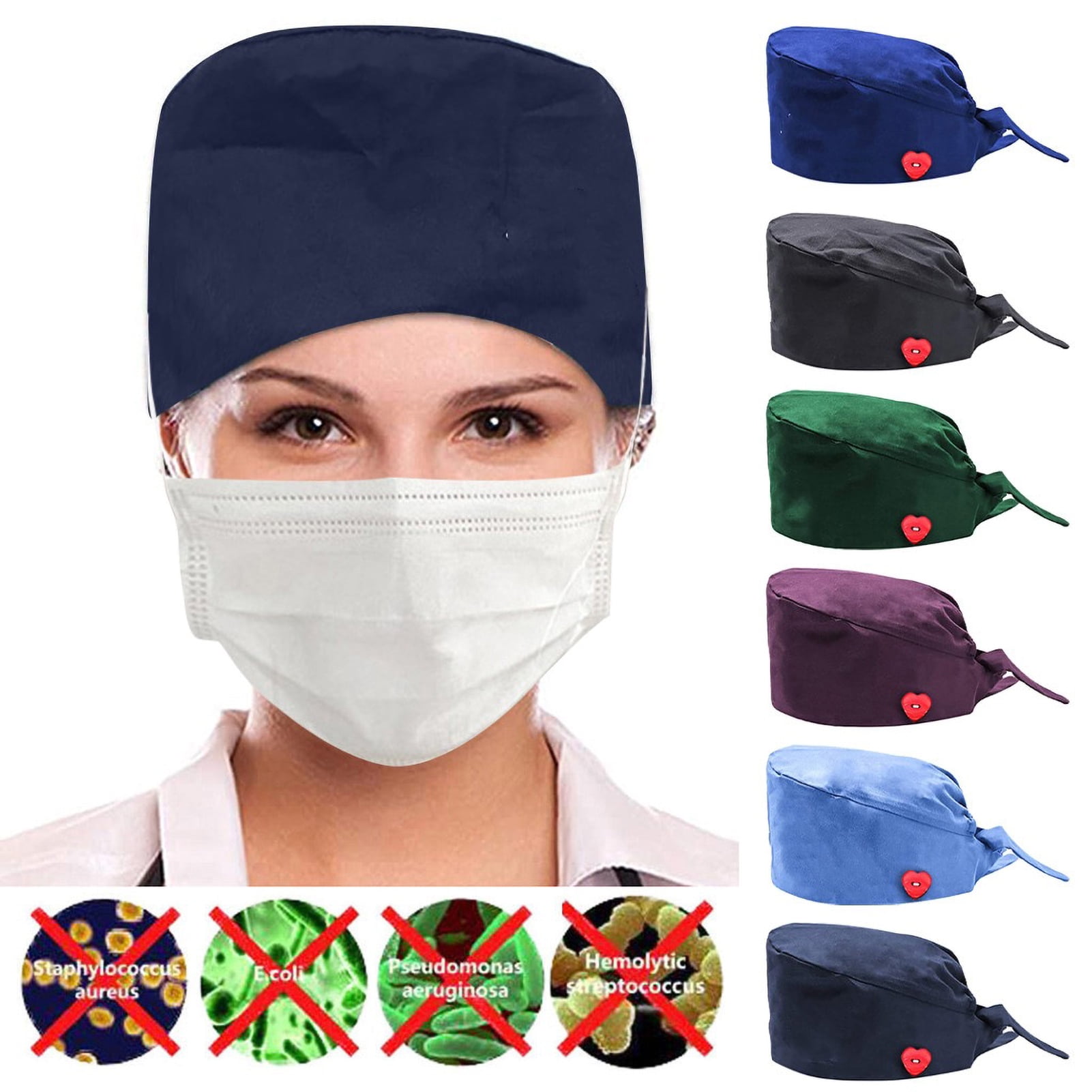 Scrub Cap Solid Color Adjustable Unisex Heart Shape Buttons Bouffant ...