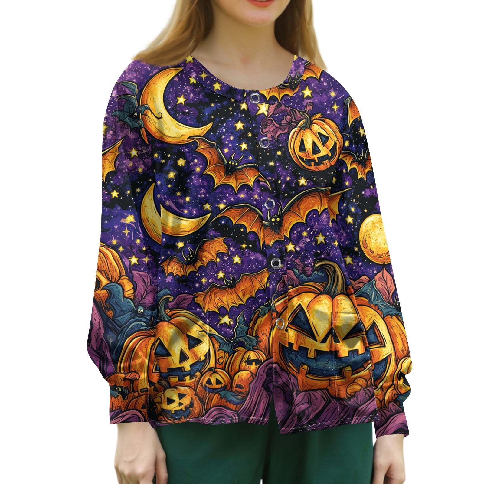 Scrub Jacket for Women Halloween Print Scrub Jackets Pumpkin Pattern ...