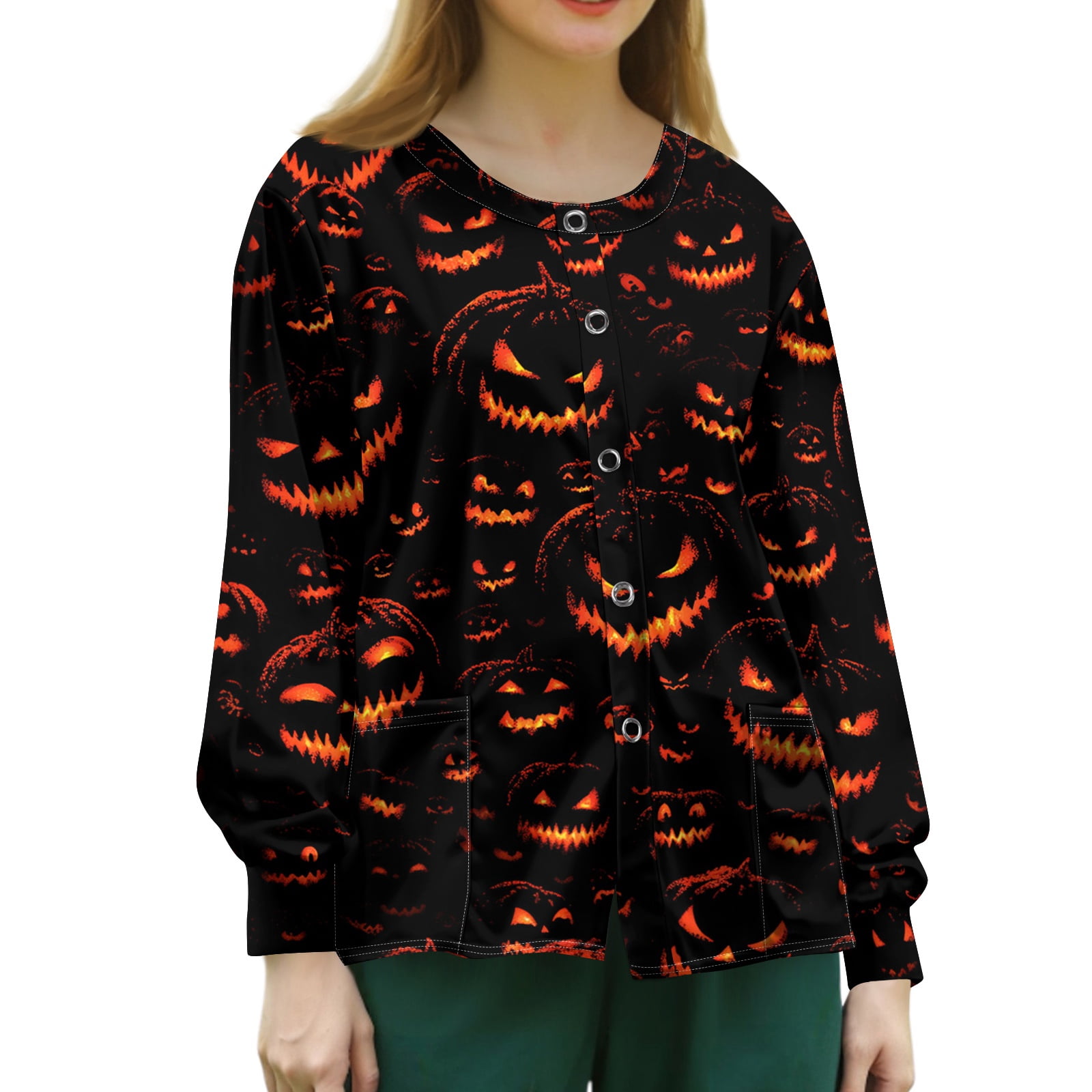 Scrub Jacket for Women Halloween Print Scrub Jackets Pumpkin Pattern ...