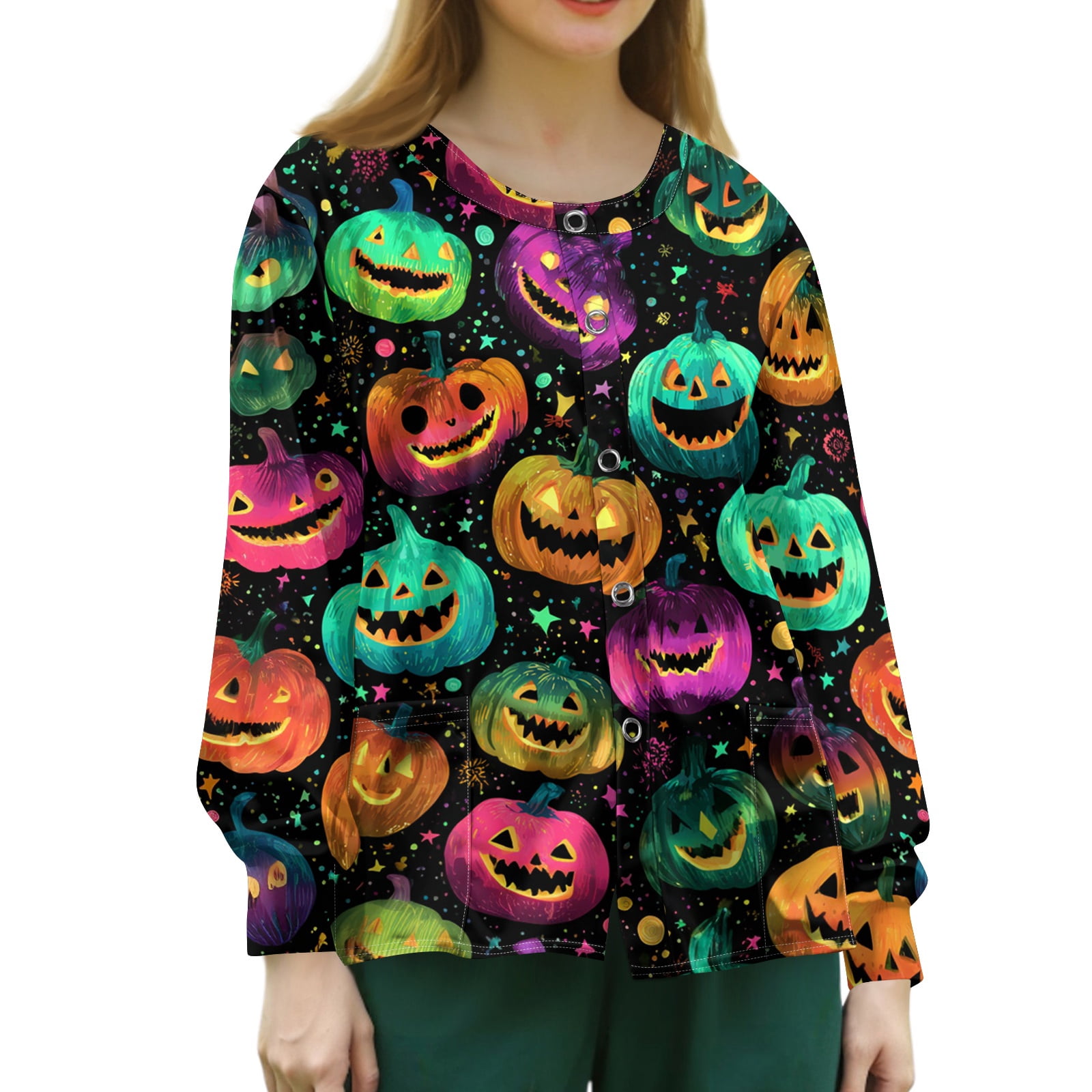 Scrub Jacket for Women Halloween Print Scrub Jackets Pumpkin Pattern ...