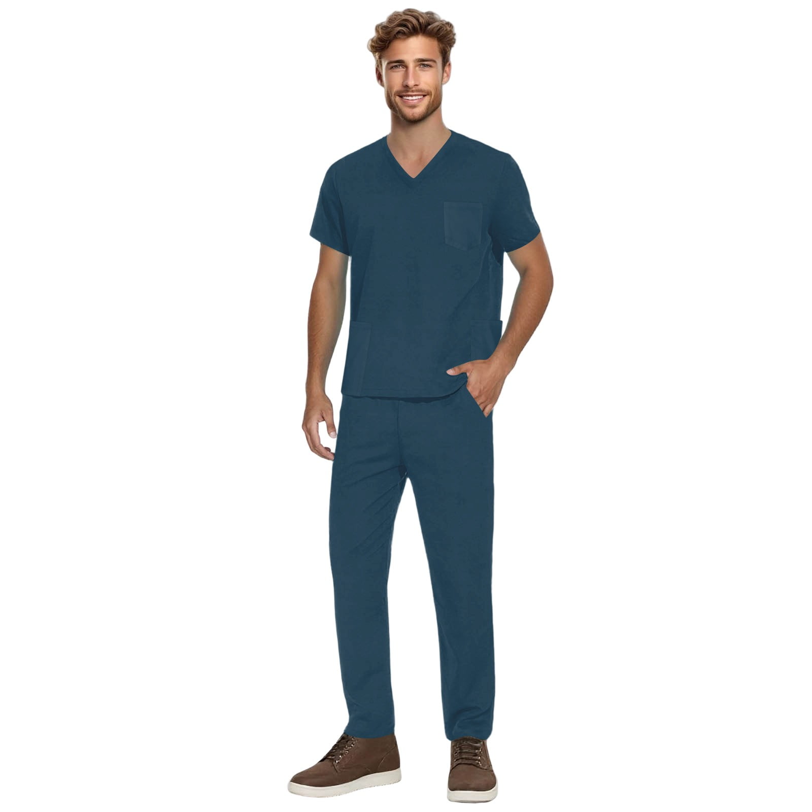 Scrub Men Set Scrub Top and Jogger Pants Solid Color Medicals Uniform ...