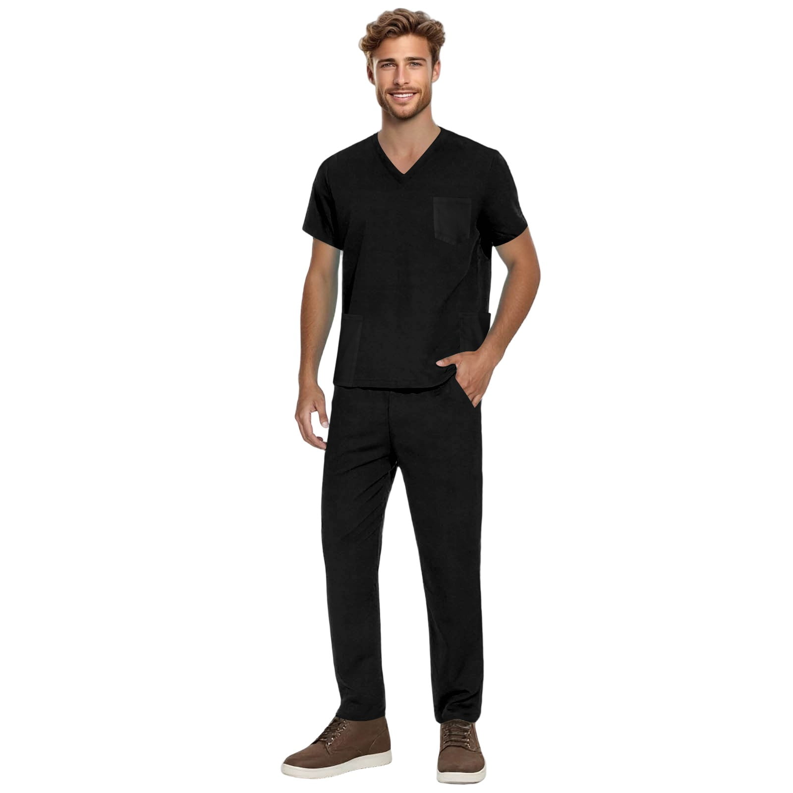 Scrub Men Set Scrub Top and Jogger Pants Solid Color Medicals Uniform ...