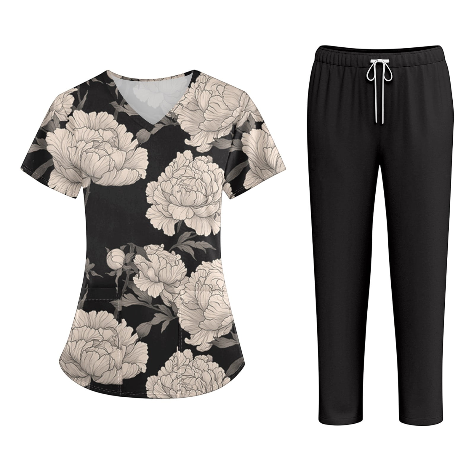 Scrub Sets For Woman Comfort Stretch V-Neck Floral Scrubs Top and ...