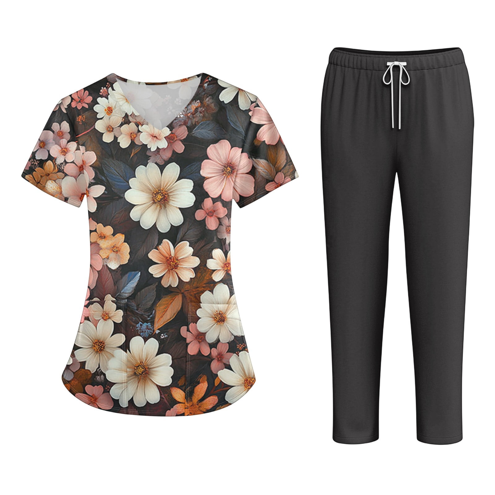 Scrub Sets For Woman Comfort Stretch V-Neck Floral Scrubs Top and ...