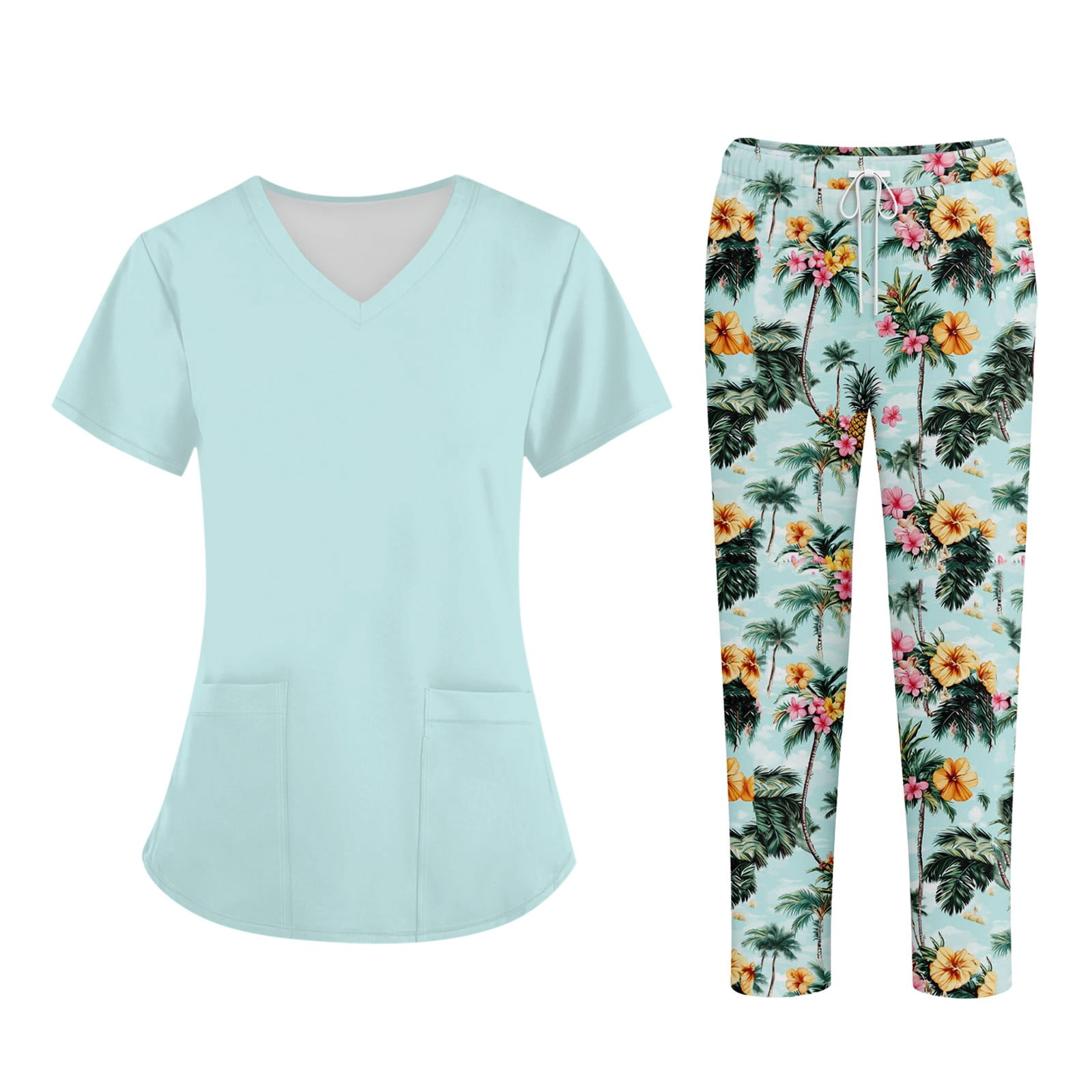 Scrub Sets,Scrubs For Women Set Short Sleeve Animal Flower Printed Tops ...