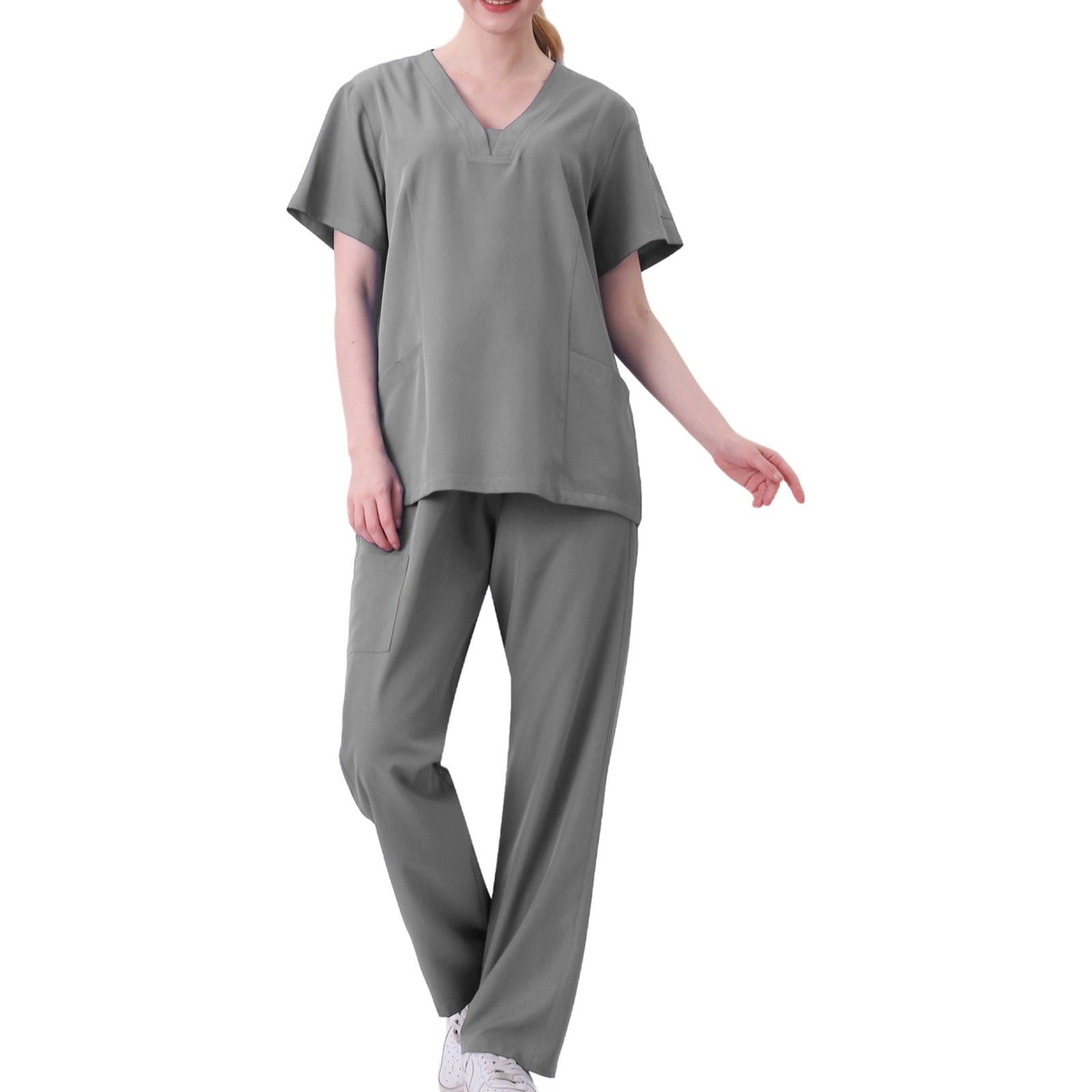 Scrub Sets for Women qolati Two Piece Outfits Short Sleeve V-Neck Scrub ...