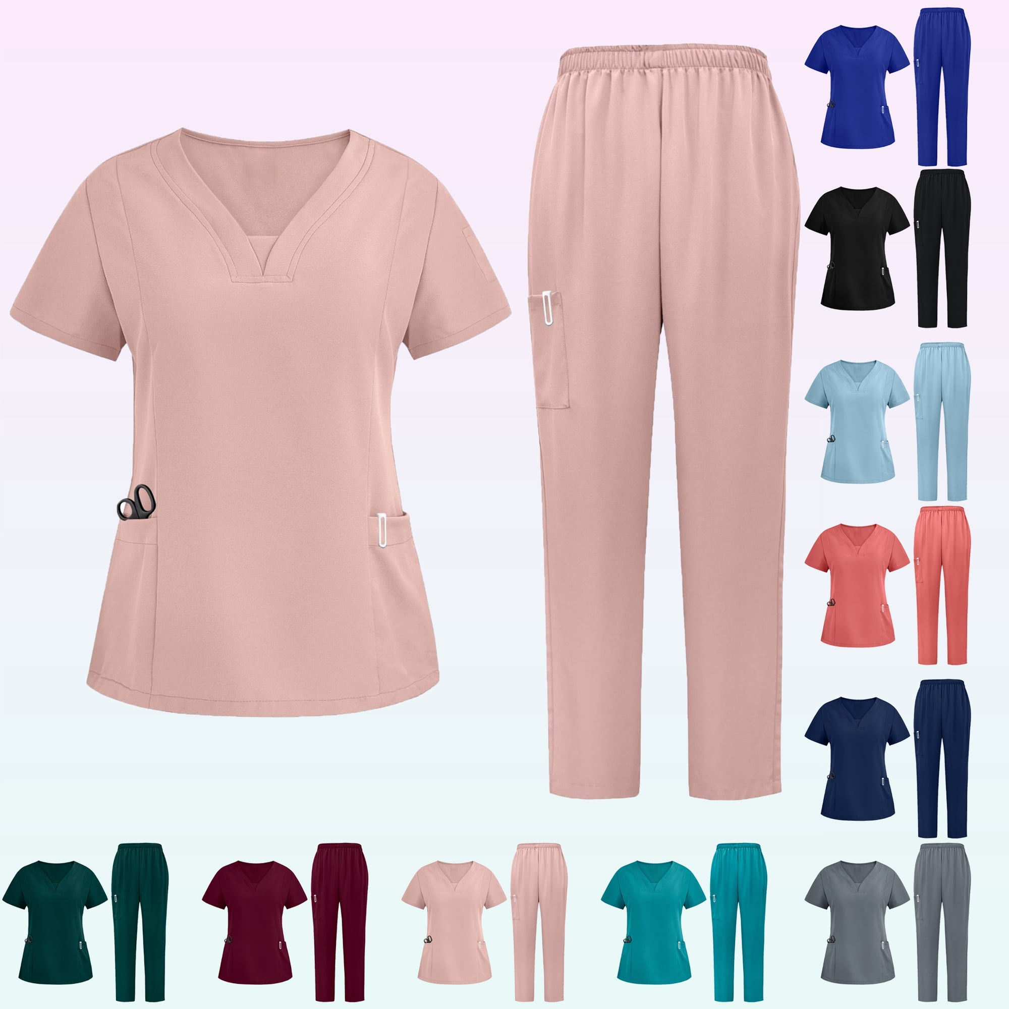 Scrub Sets for Woman Plus Size Short Sleeve V-Neck Solid Color Nursing ...