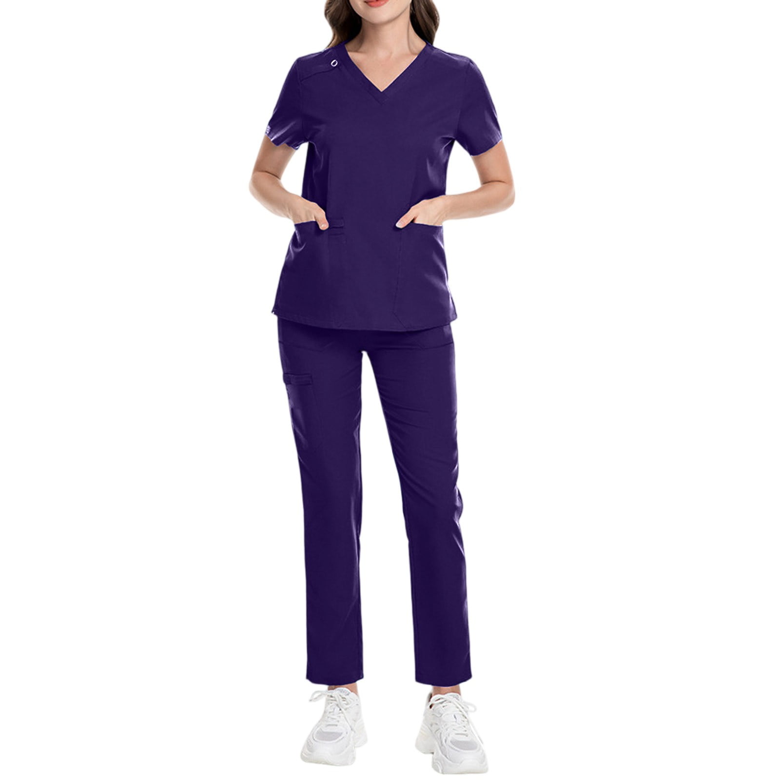 Scrub Sets for Woman Solid Color V-Neck Short Sleeve Long Pants Nurse ...
