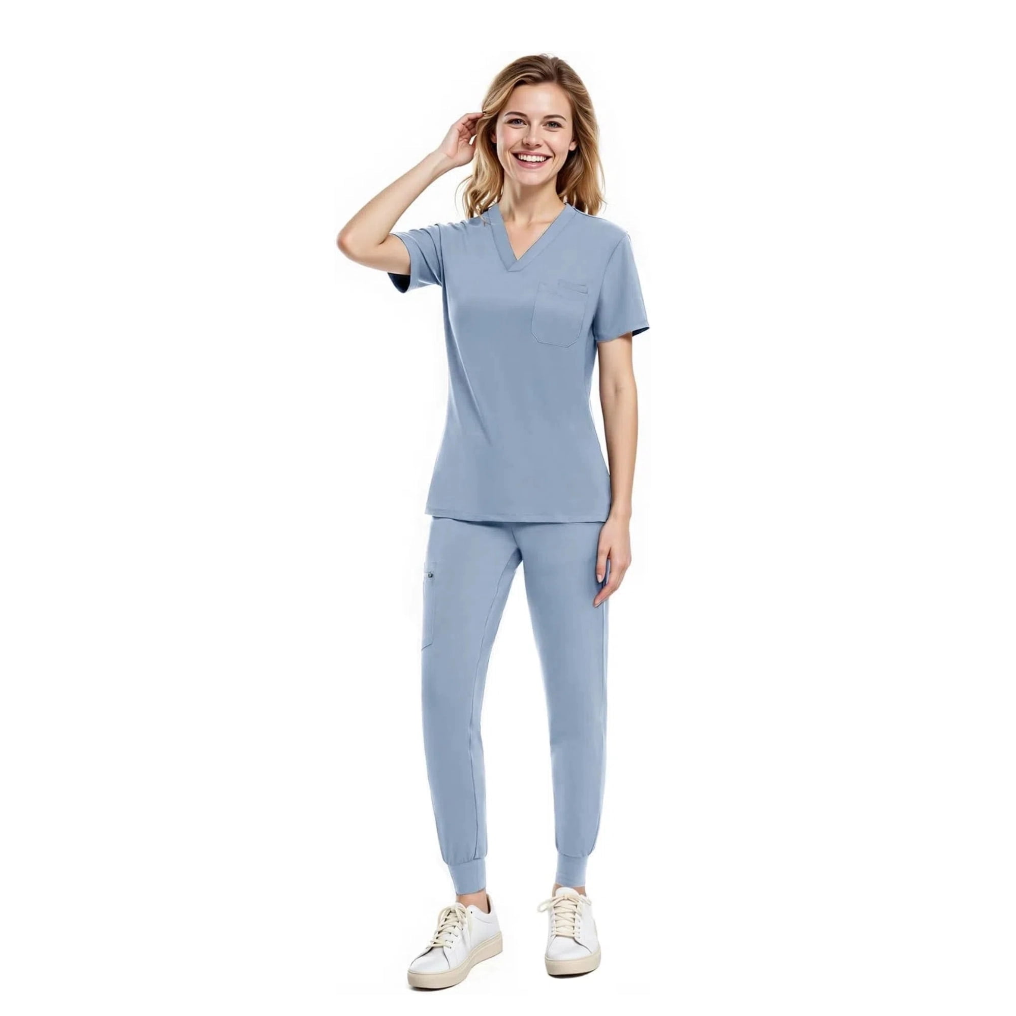 Scrub Sets for Women Solid Color V-Neck Short Sleeve Long Pants Nurse ...