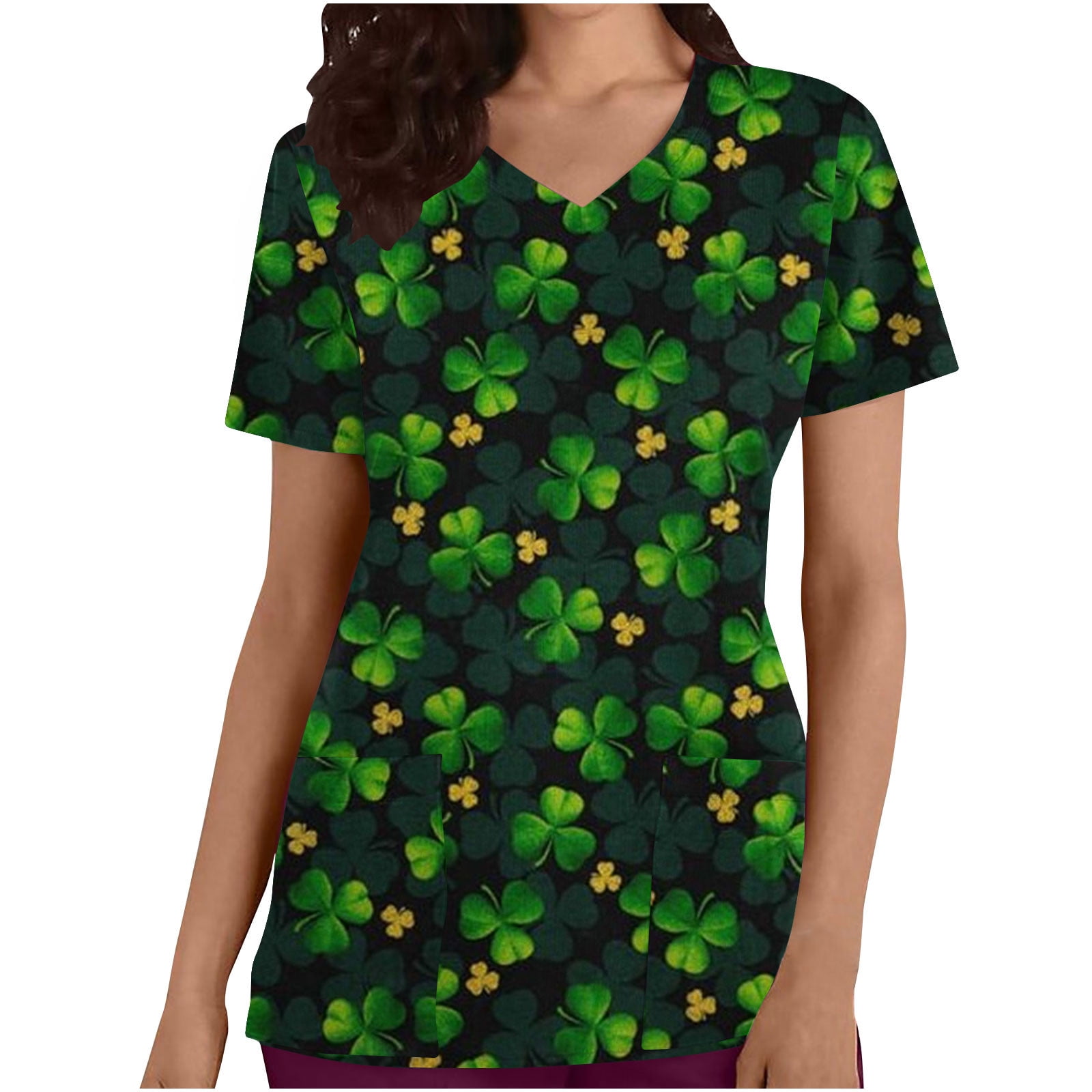 Scrub Top Women St Patricks Day Clover Graphic Nursing Uniform V Neck ...
