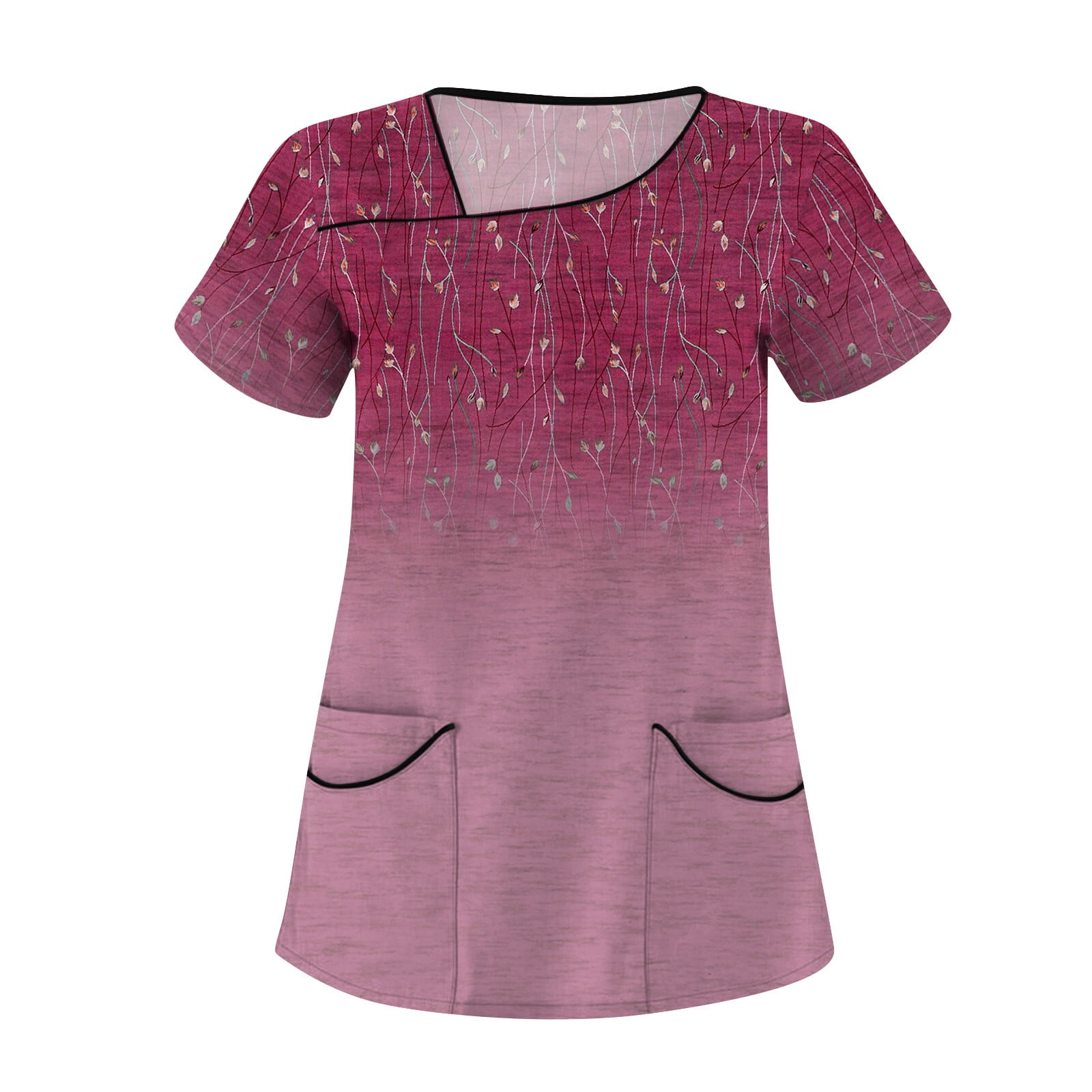 Scrub Tops Fashion Womens Scrubs Casual Short Sleeve Slant Neck Flower ...