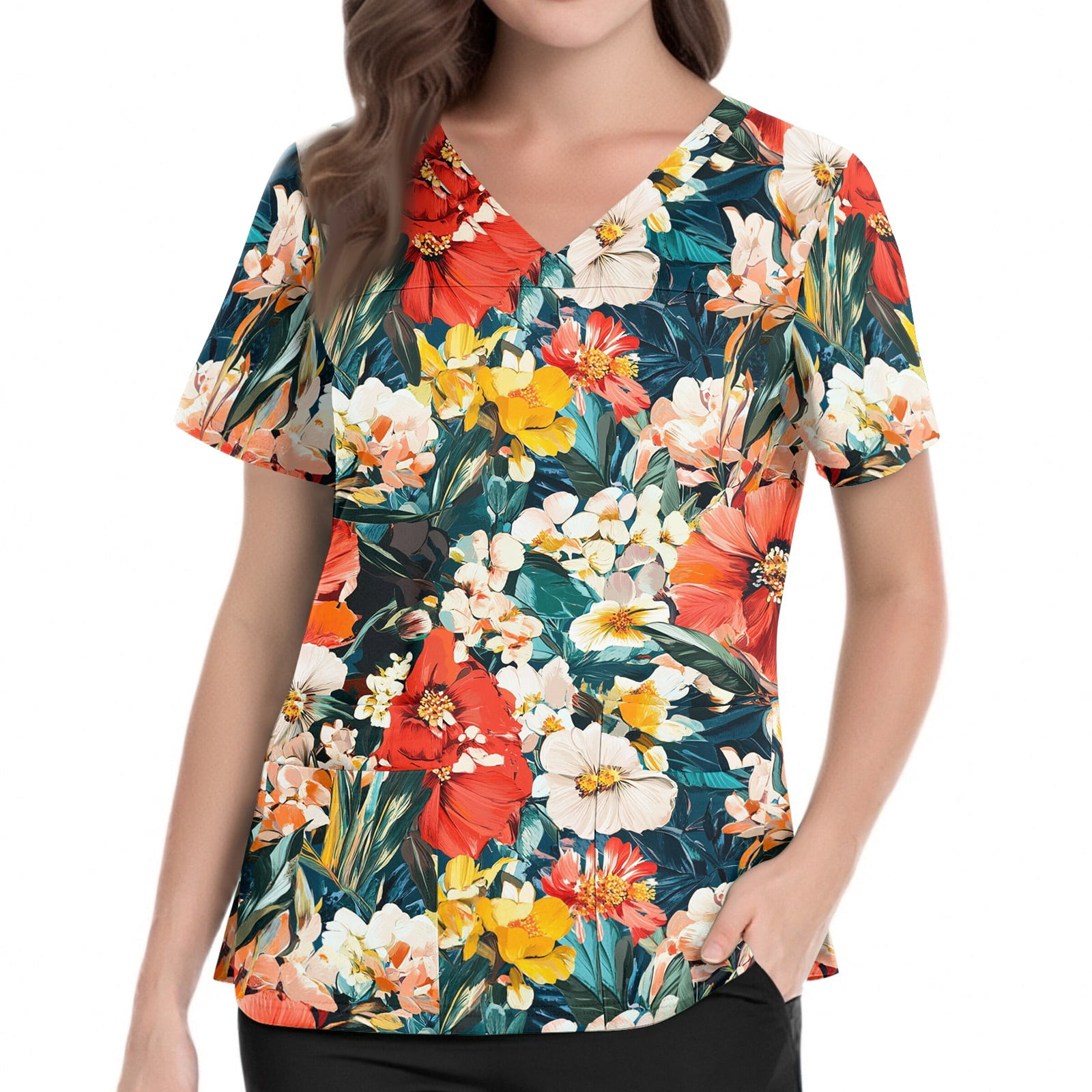 Scrub Tops Women Funny Floral Print Nursing Uniform Trendy V Neck Side ...