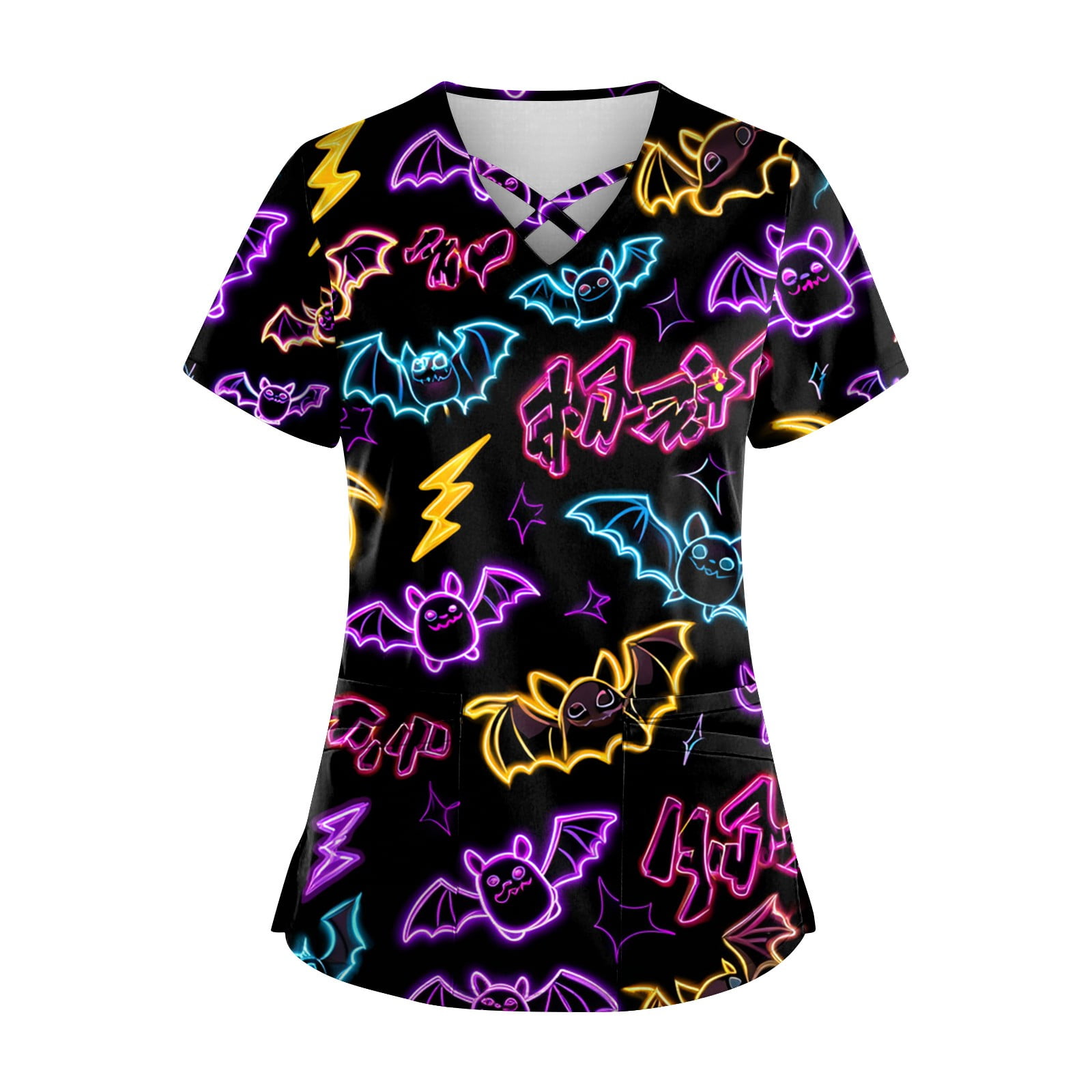 Scrub Tops Women Print, Classic Fit V-Neck Short Sleeve Top Anti ...