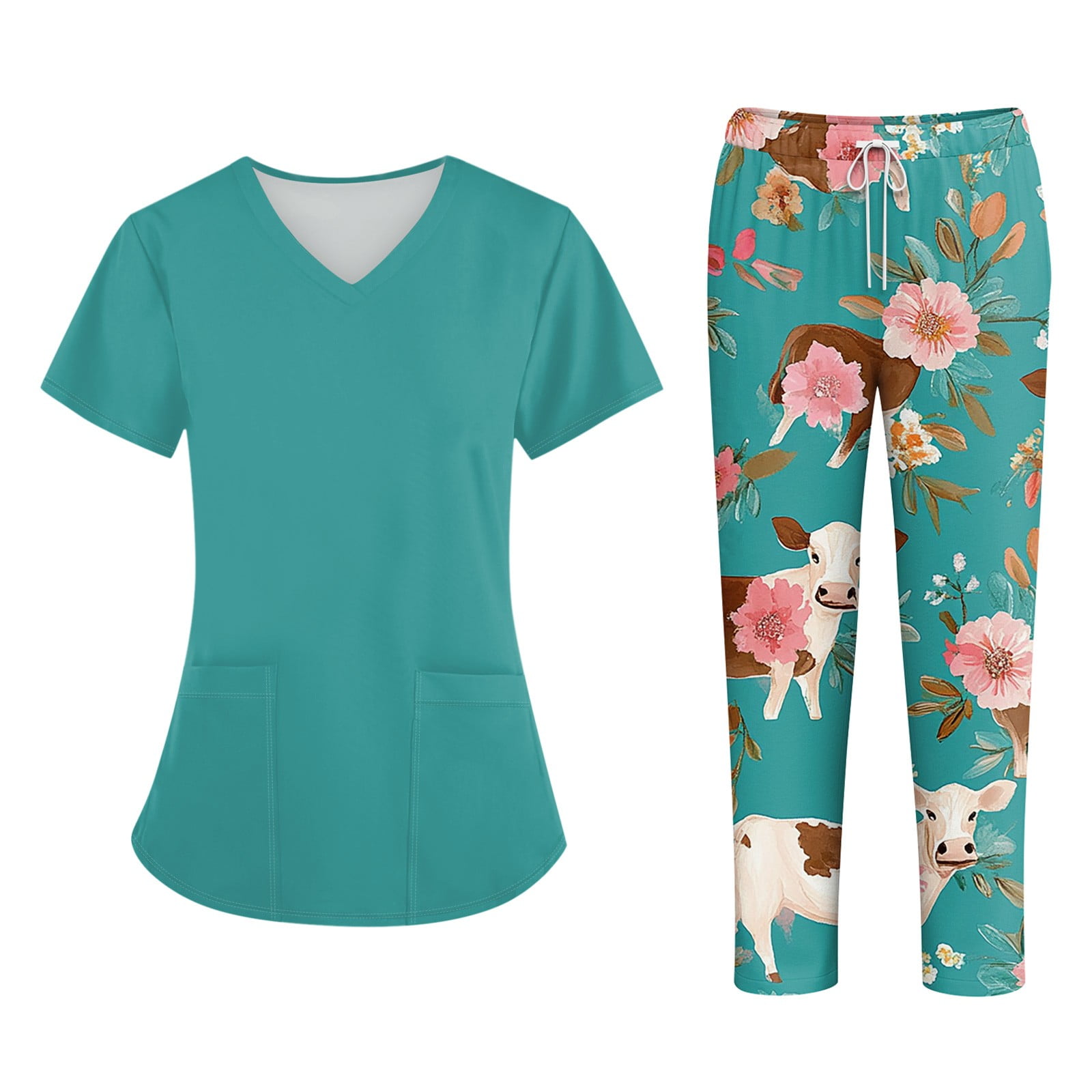 Scrub Tops Women,Scrubs For Women Set Short Sleeve Animal Flower ...